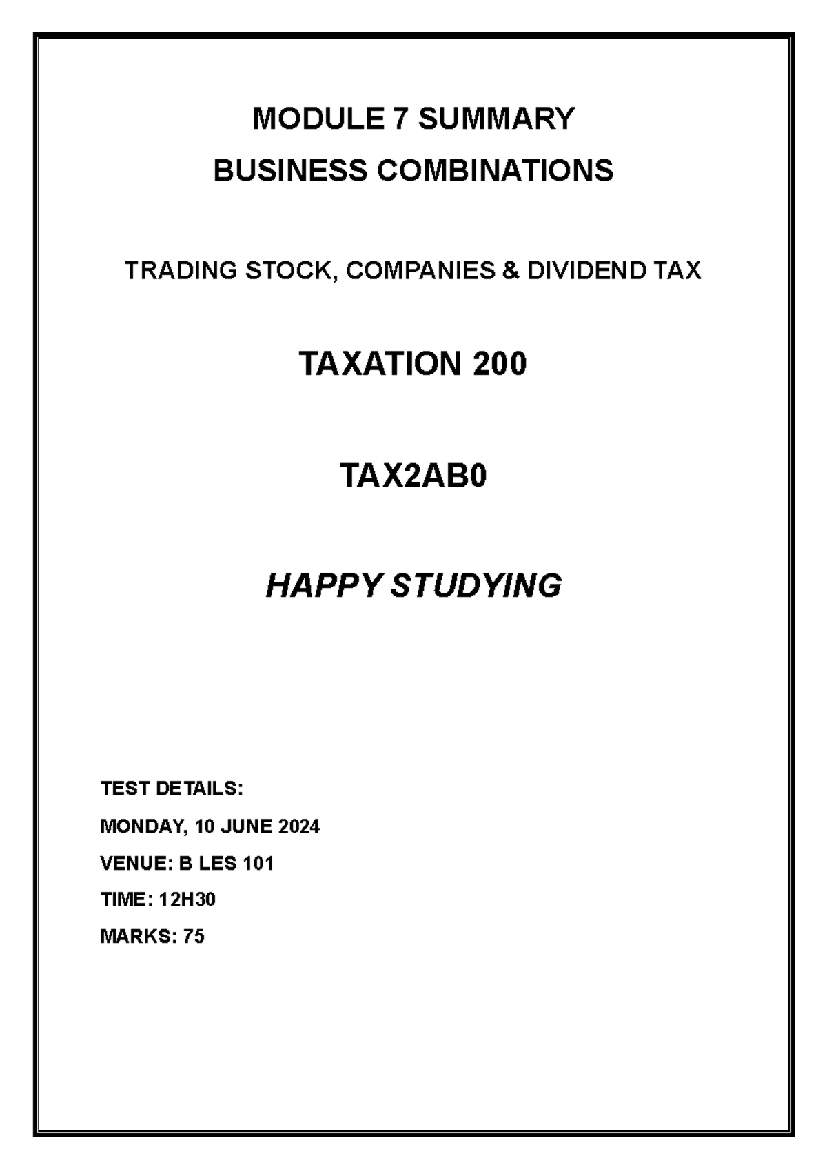 Module 7- Business Combinations Summary - MODULE 7 SUMMARY BUSINESS ...