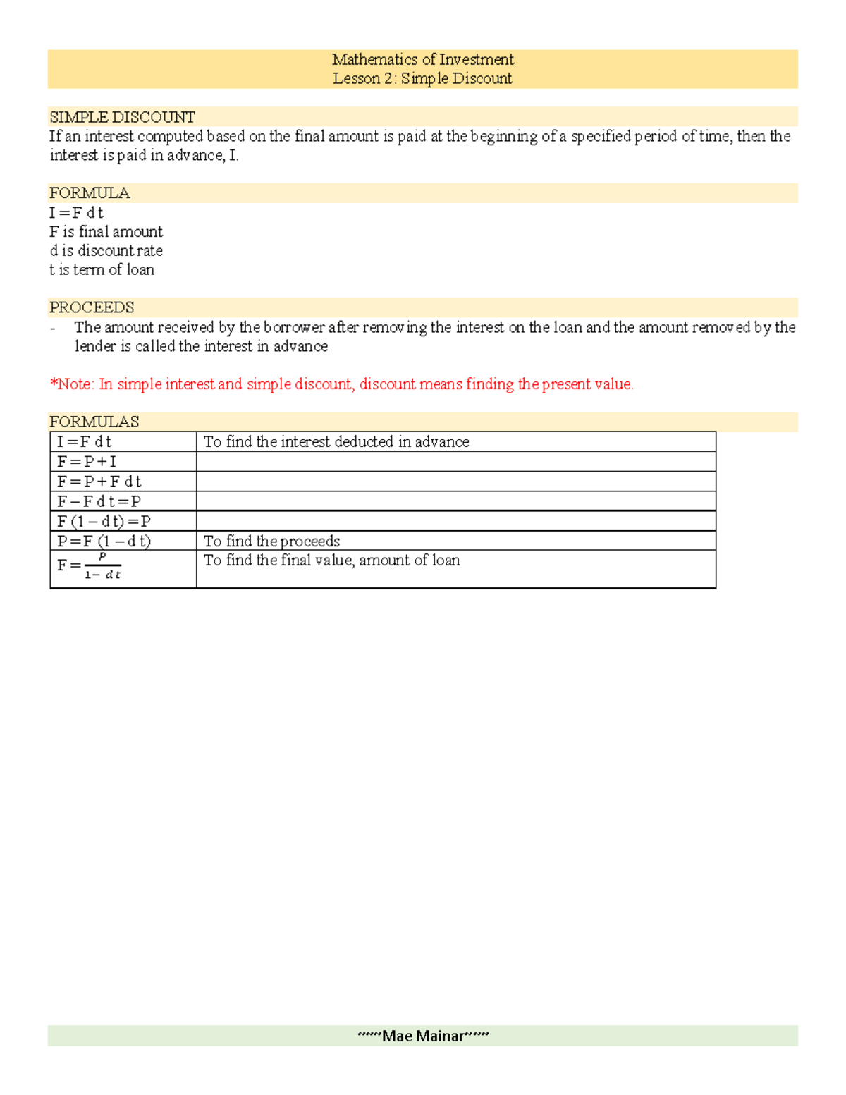 Math - Lesson 2 - Mathematics of Investment Lesson 2: Simple Discount ...