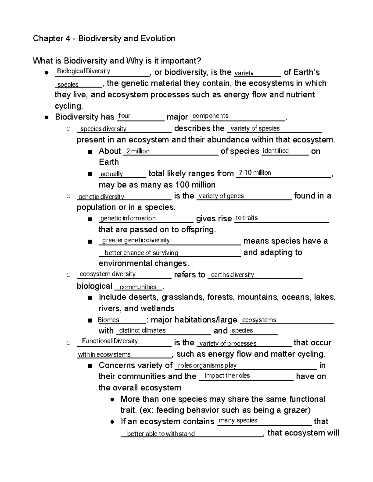 Chapter 4 - Biodiversity Notes - Chapter 4 - Biodiversity and Evolution ...