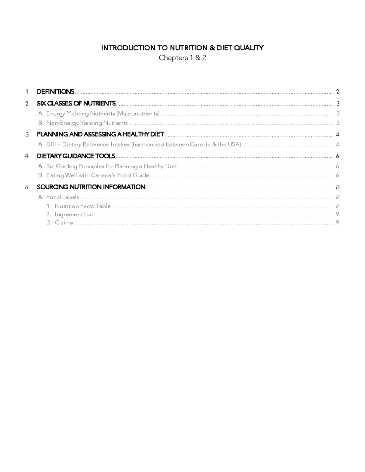 MT1 notes FNH 250 - INTRODUCTION TO NUTRITION & DIET QUALITY - Chapters ...