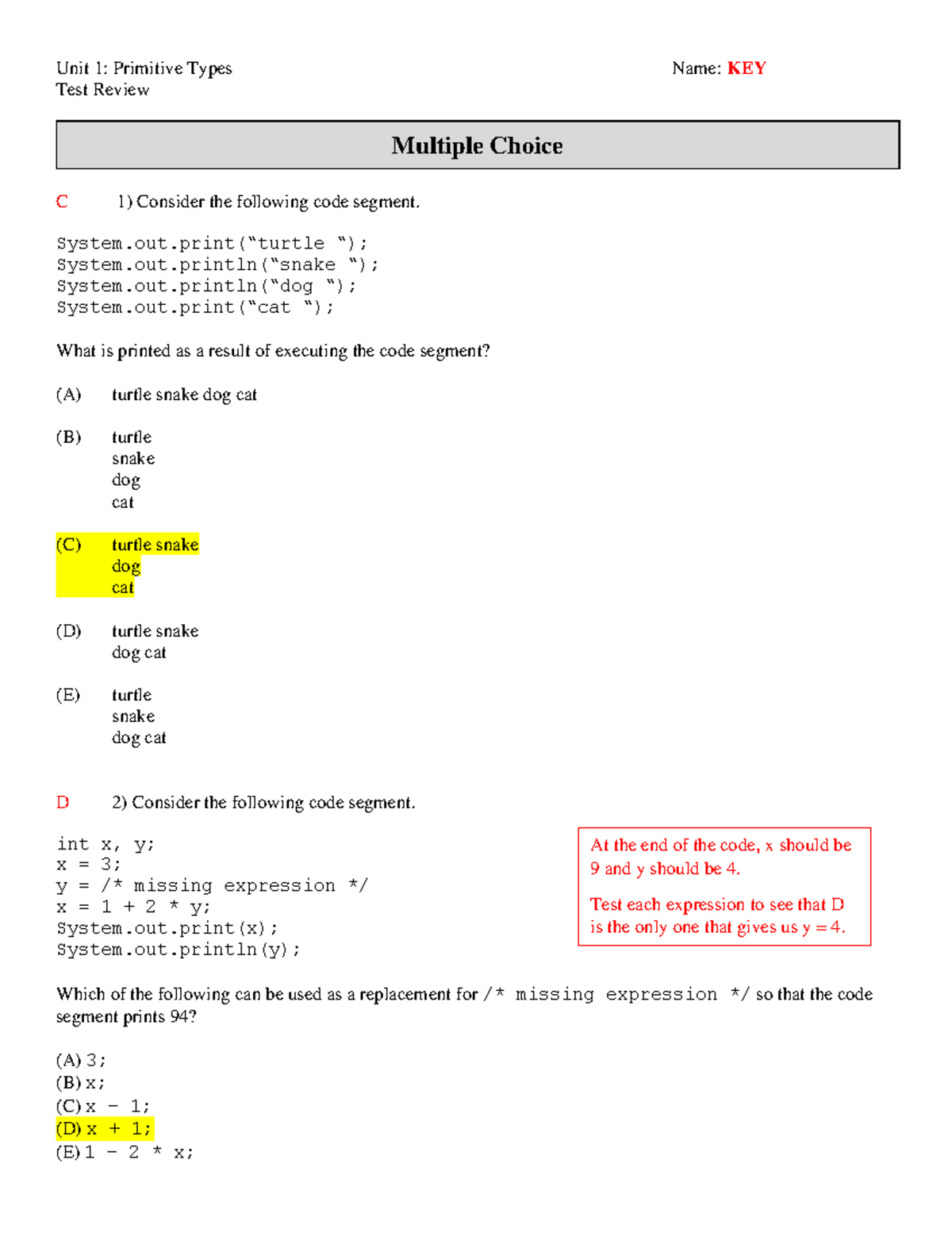 Unit 1 Test Review Key - answer key - Unit 1: Primitive Types Name: KEY ...