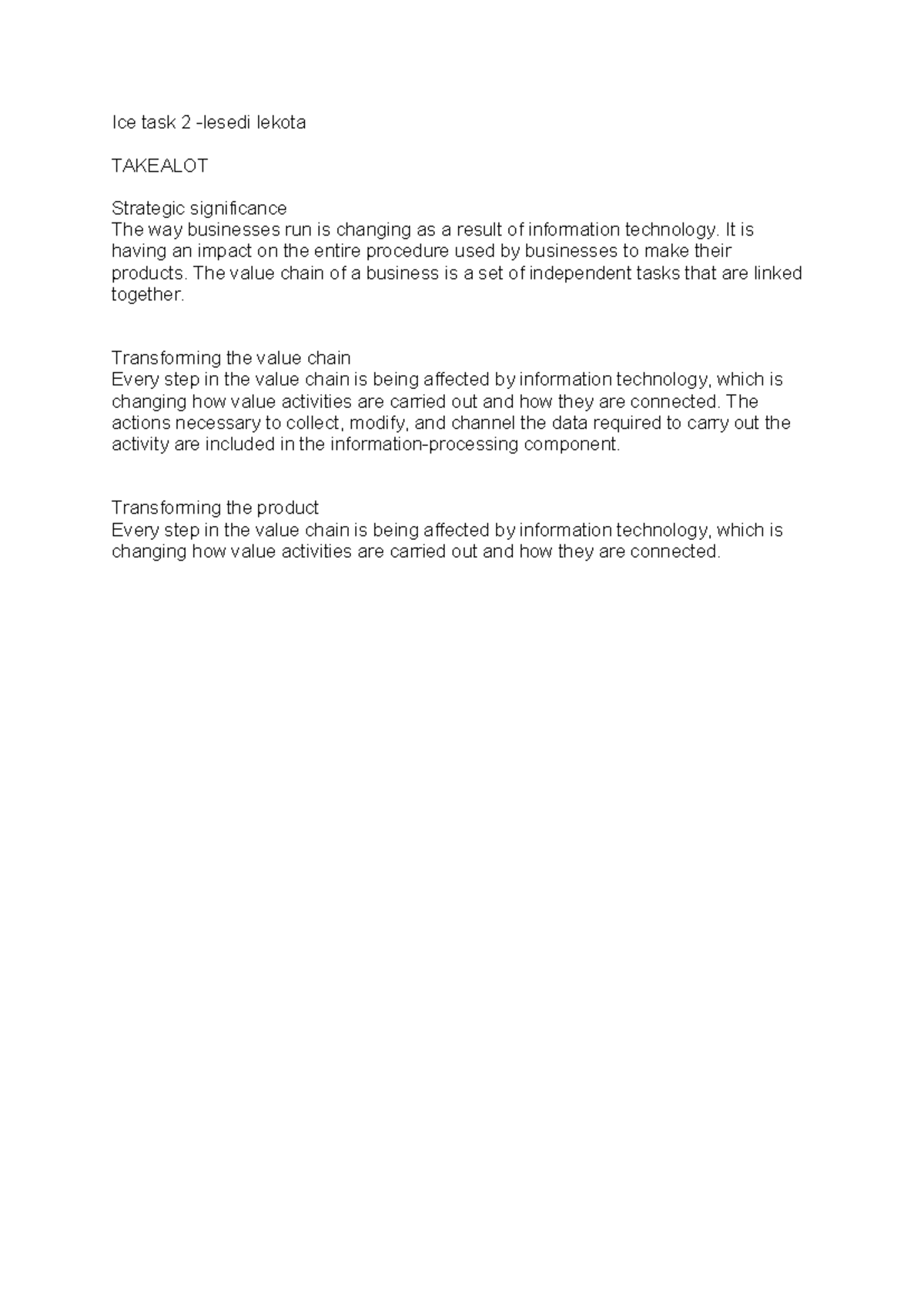 Ice task 2 - ISS - Ice task 2 -lesedi lekota TAKEALOT Strategic ...
