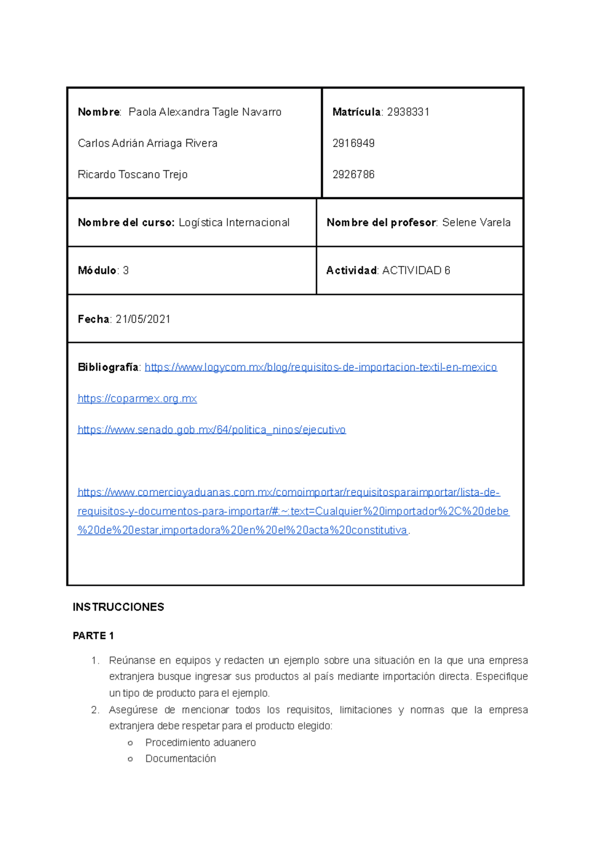 Actividad 6 LOG INT - Nombre : Paola Alexandra Tagle Navarro Carlos ...