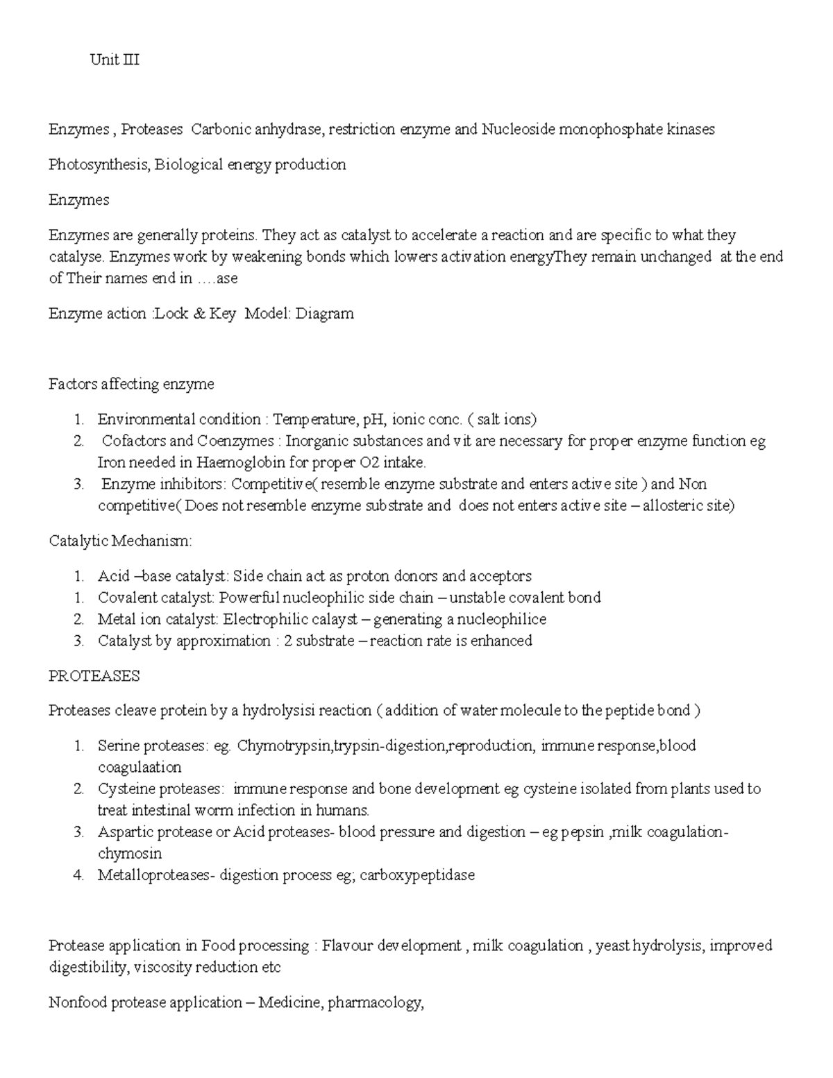 Science Bio Unit III - Unit III Enzymes , Proteases Carbonic anhydrase ...