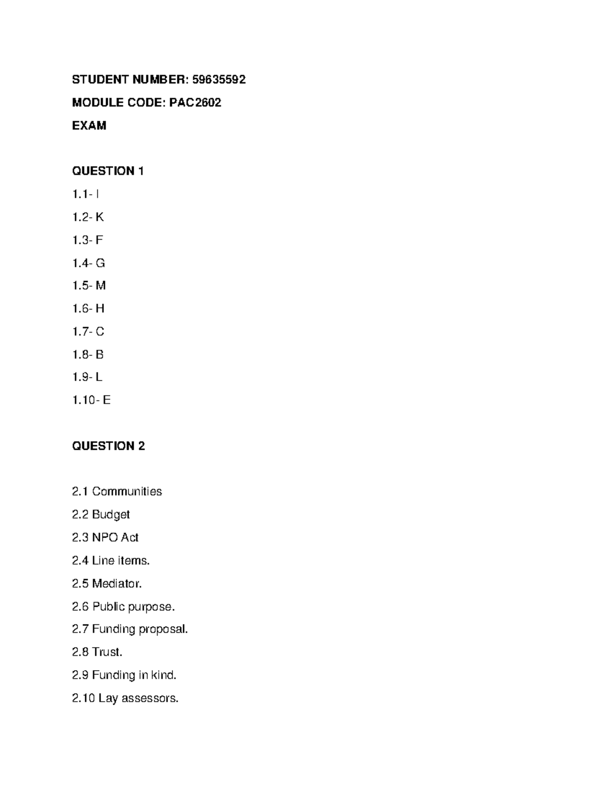 PAC2602 EXAM - ASSIGNMENTS - STUDENT NUMBER: 59635592 MODULE CODE: PAC ...