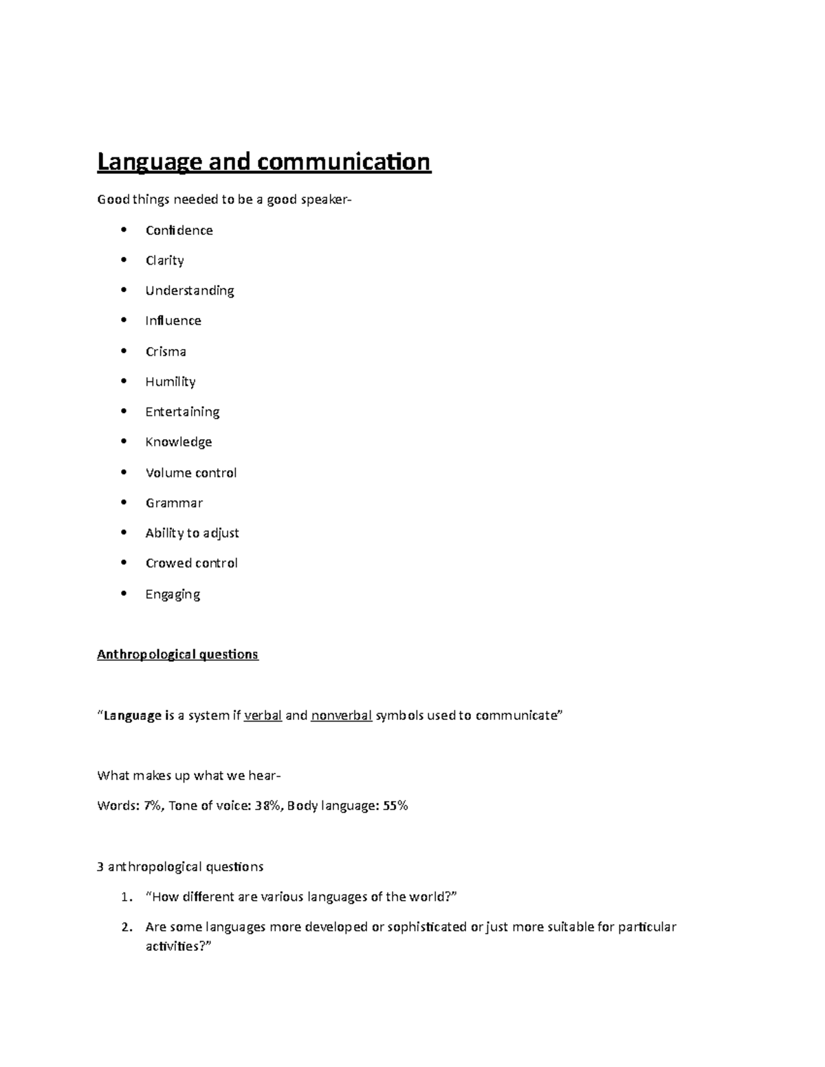 GLST notes - lecture note overview - Language and communication Good ...