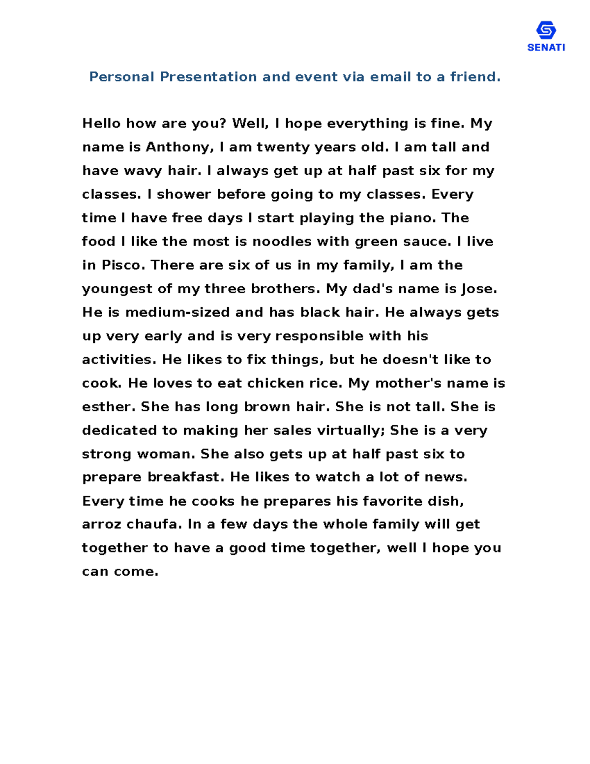 Personal Presentation and event via email to a friend - Hello how are ...