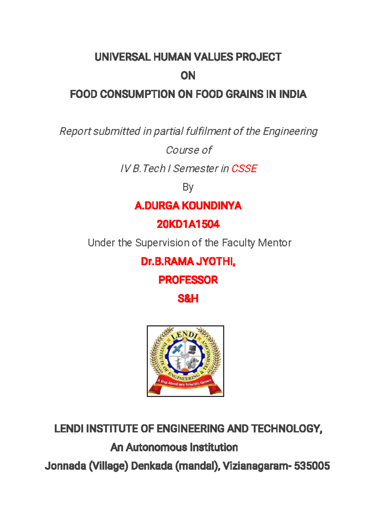 Copy of UHV Project book structure - UNIVERSAL HUMAN VALUES PROJECT ON FOOD CONSUMPTION ON FOOD ...