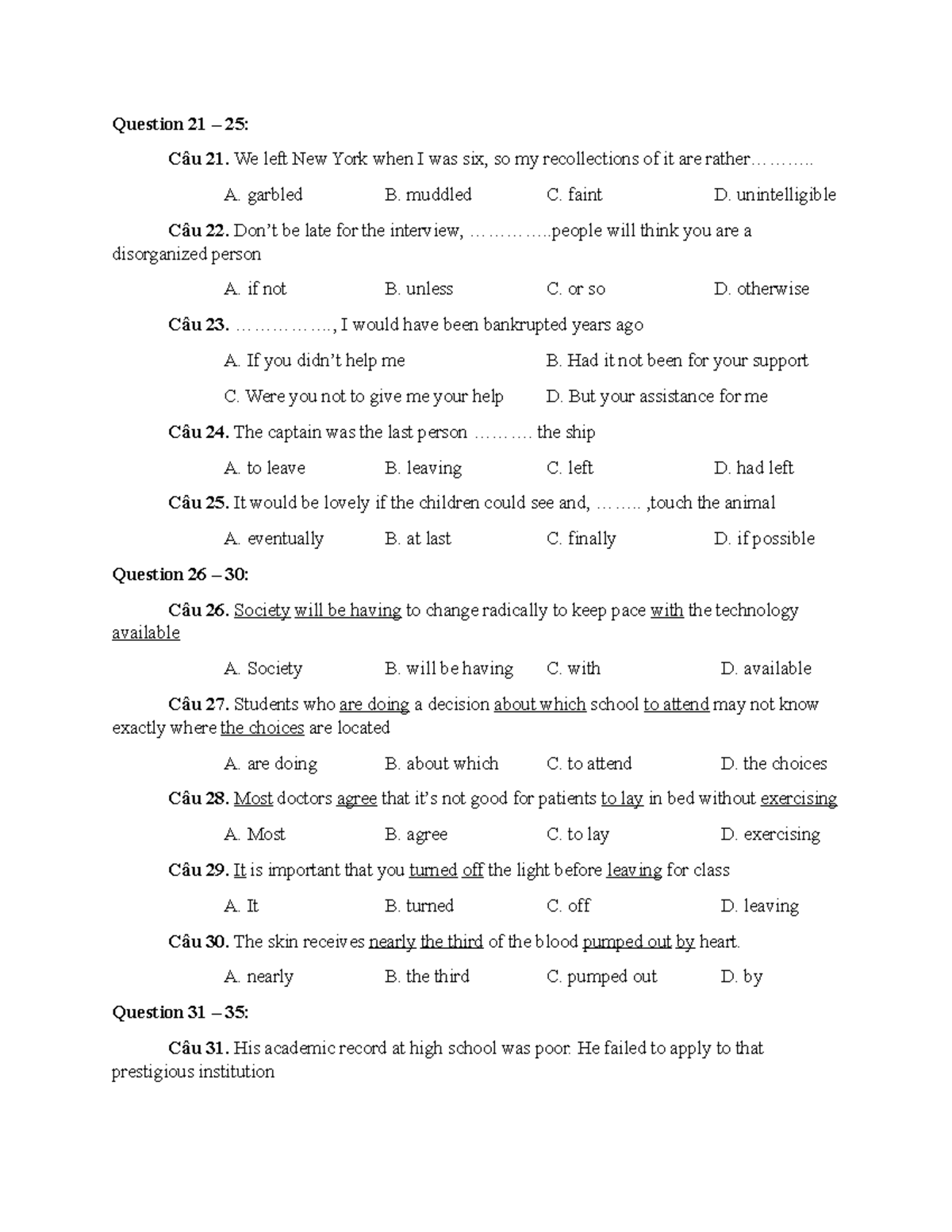 TA 8 NHC - Test 7 - Question 21 – 25: Câu 21. We left New York when I ...