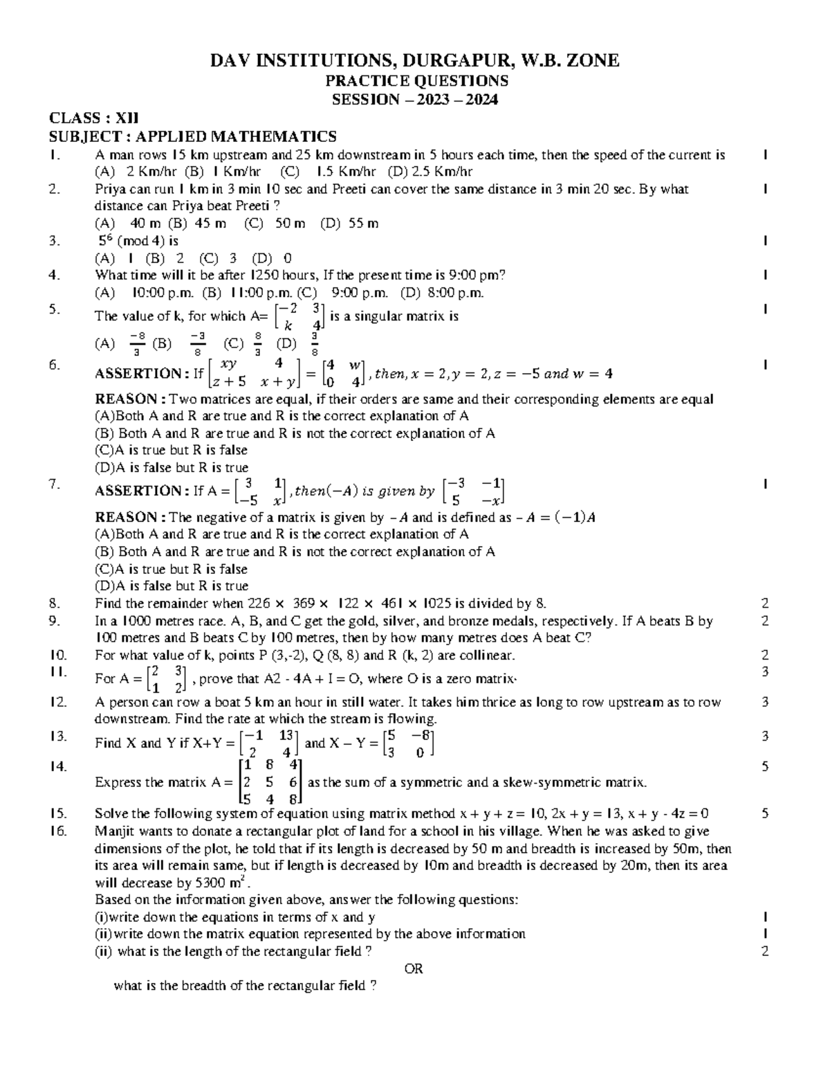 LOTS XI APP Maths - Practice Paper - DAV INSTITUTIONS, DURGAPUR, W ...