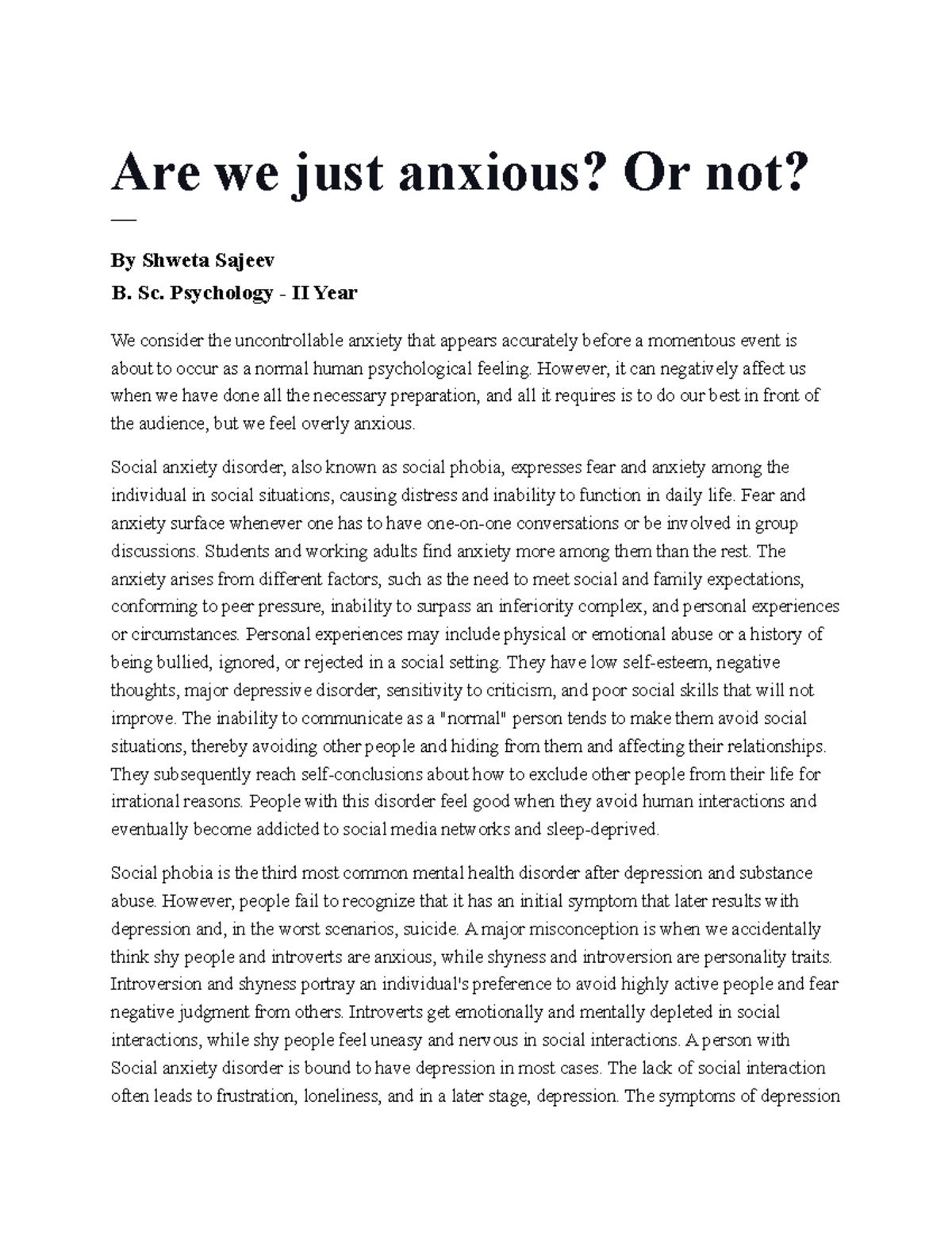 Article - An essay on Anxiety. - Are we just anxious? Or not? By Shweta ...