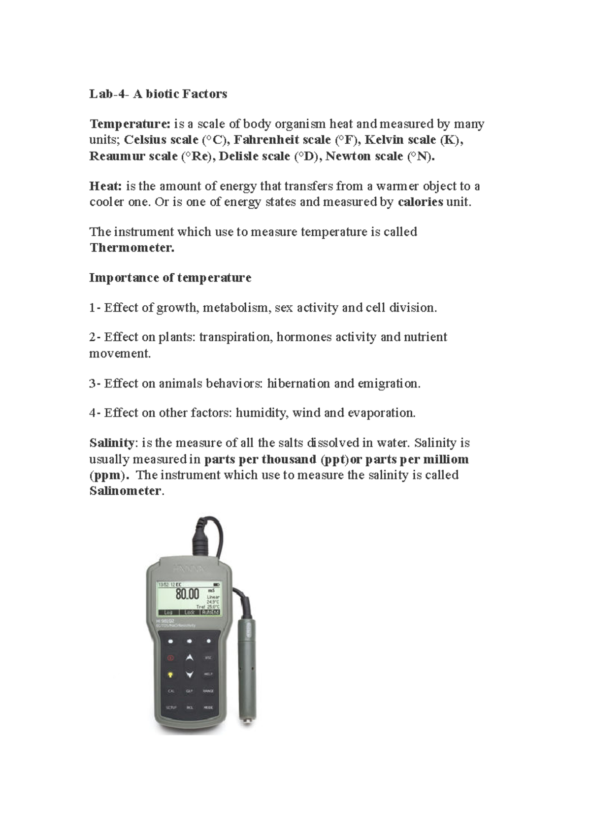 Abiotic factors - Lab-4- A biotic Factors Temperature: is a scale of ...