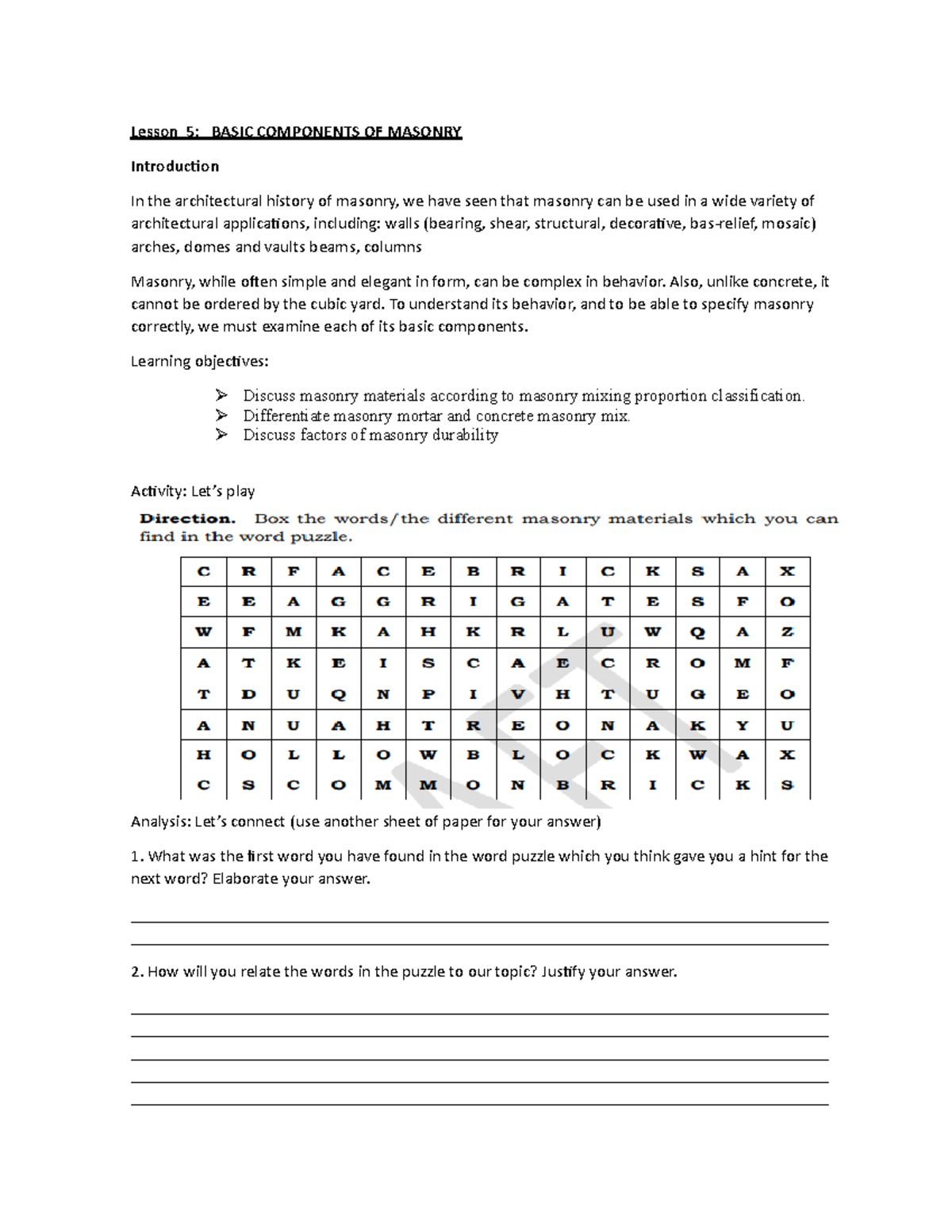 Basic Components OF Masonry - Lesson 5: BASIC COMPONENTS OF MASONRY ...
