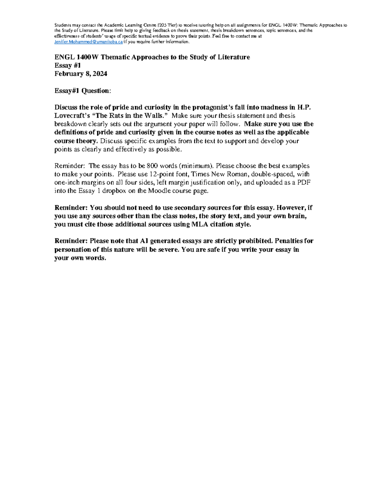 Essay 1 The Rats in the Walls Pride and Curiosity - Students may ...