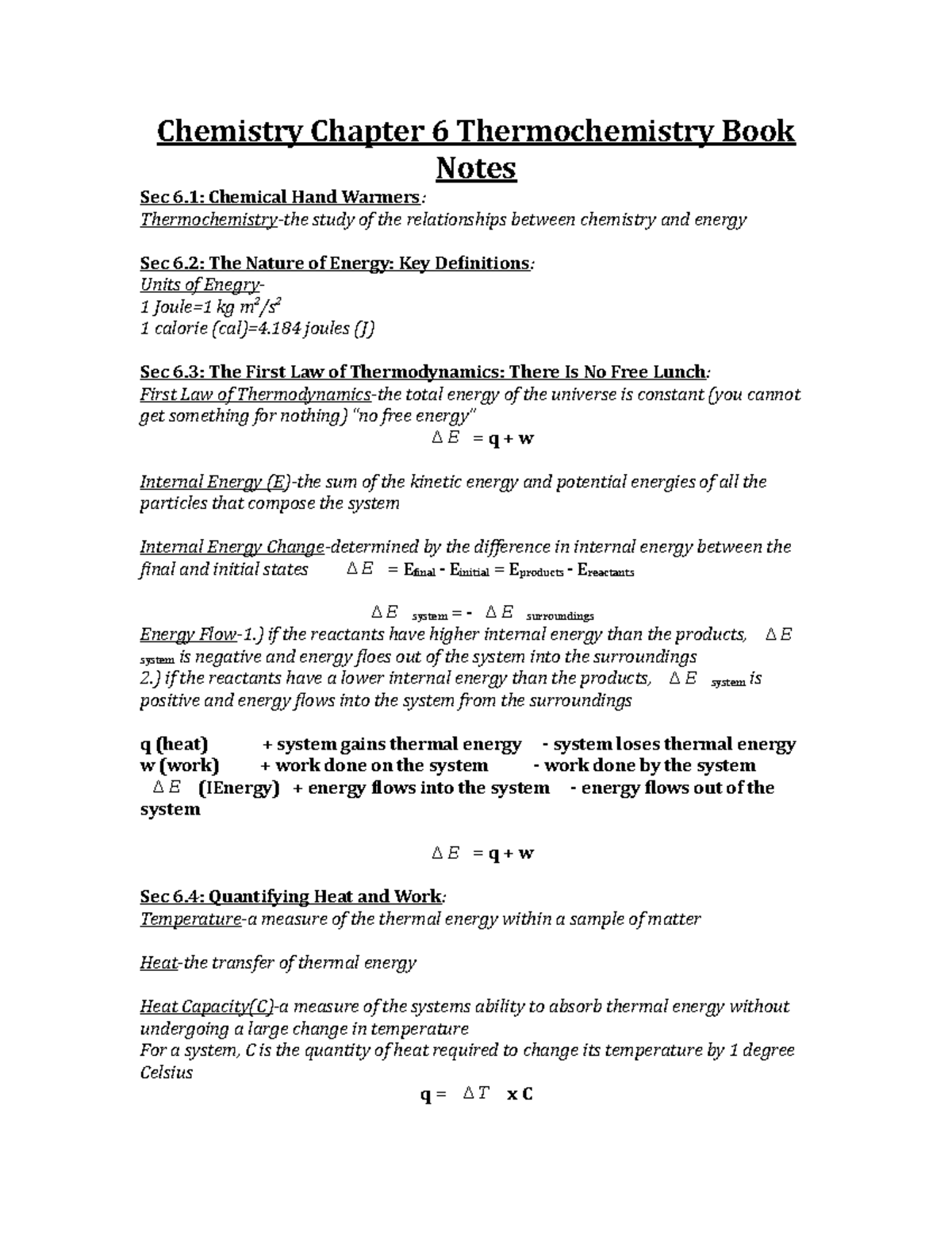 Chemistry Chapter 6 Thermochemistry Book Notes - ) if the reactants ...