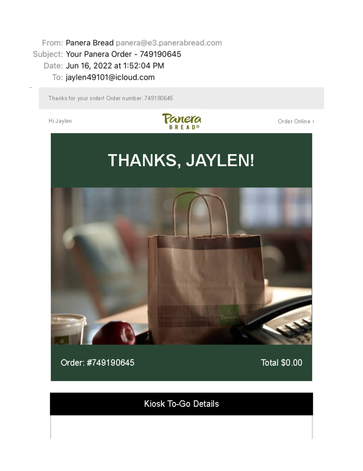 Your Panera Order - 749190645 - Thanks for your order! Order number ...