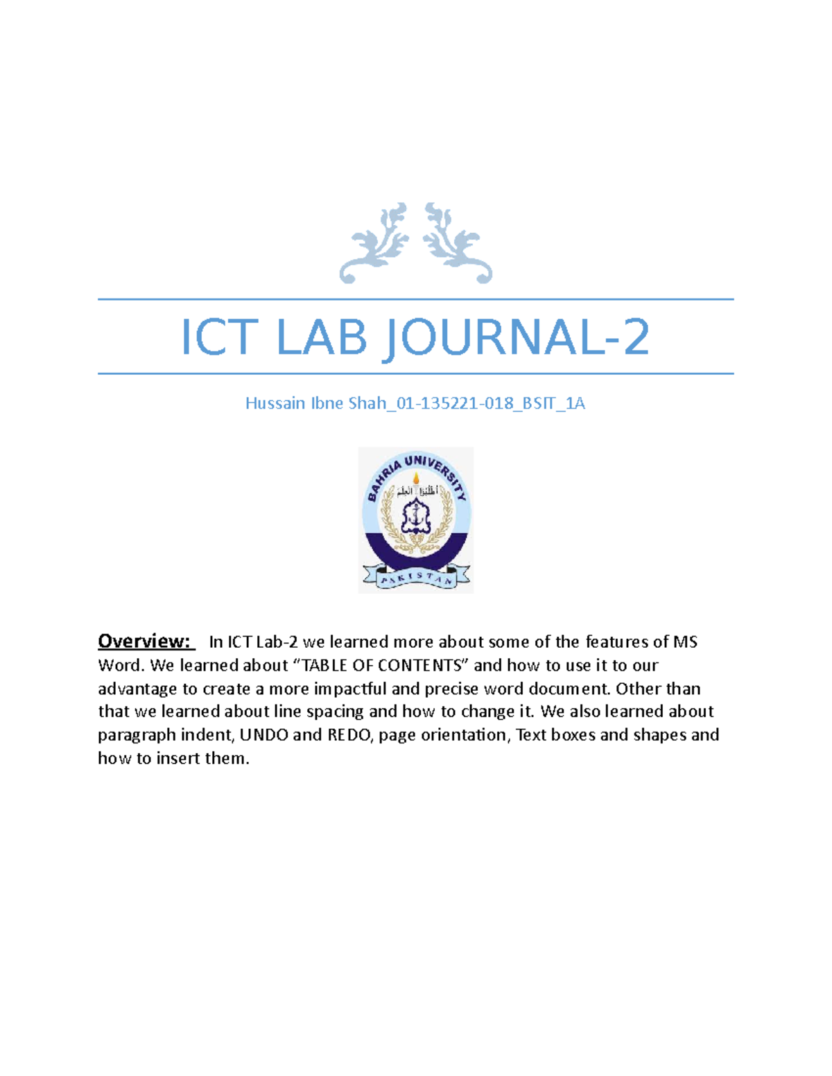 ICT Lab Journal-2 - CSL 114 - ICT LAB JOURNAL- Hussain Ibne Shah_01 ...