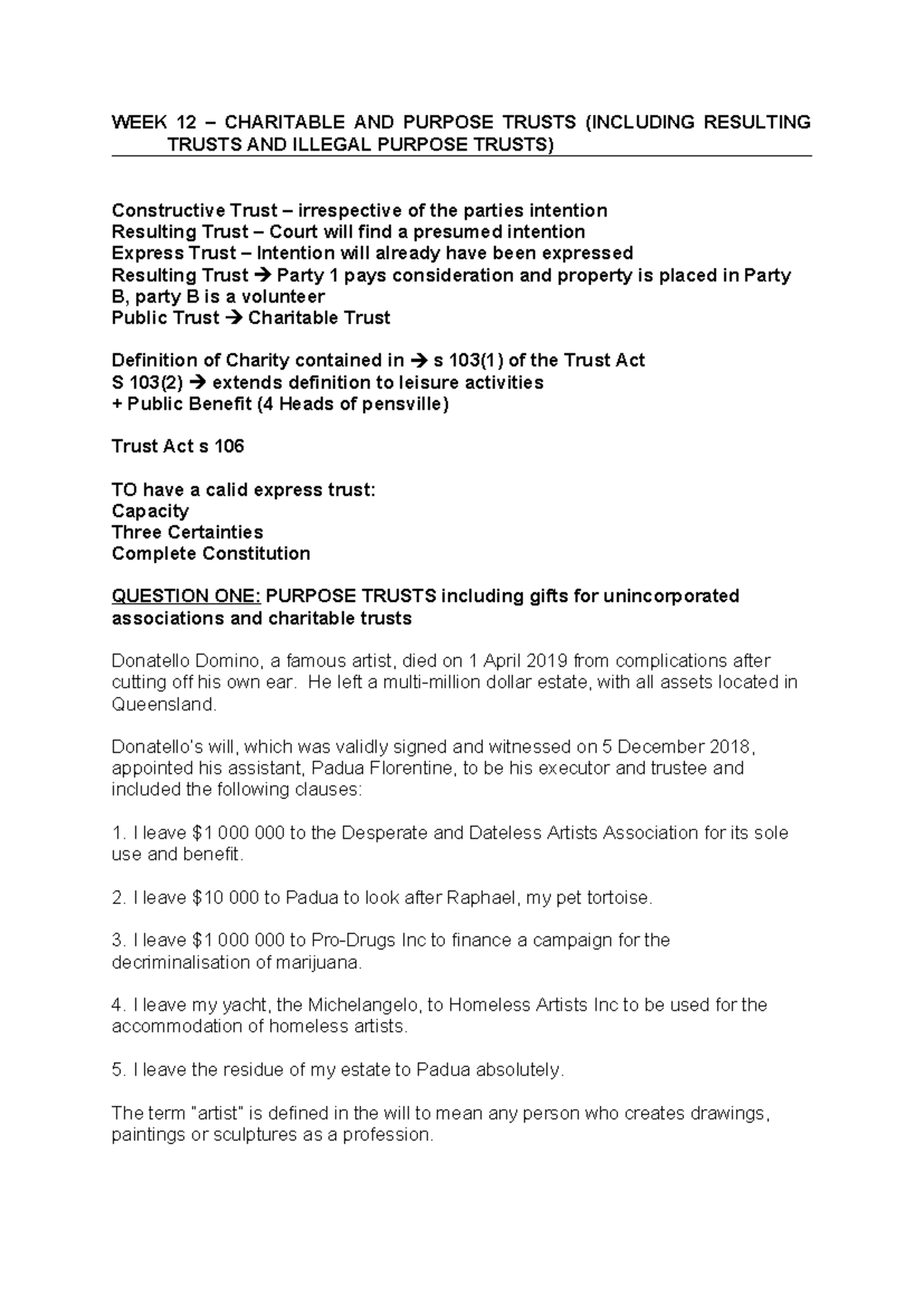 Week 12 - LLB205 - Equity and Trusts Tutorial - WEEK 12 – CHARITABLE ...