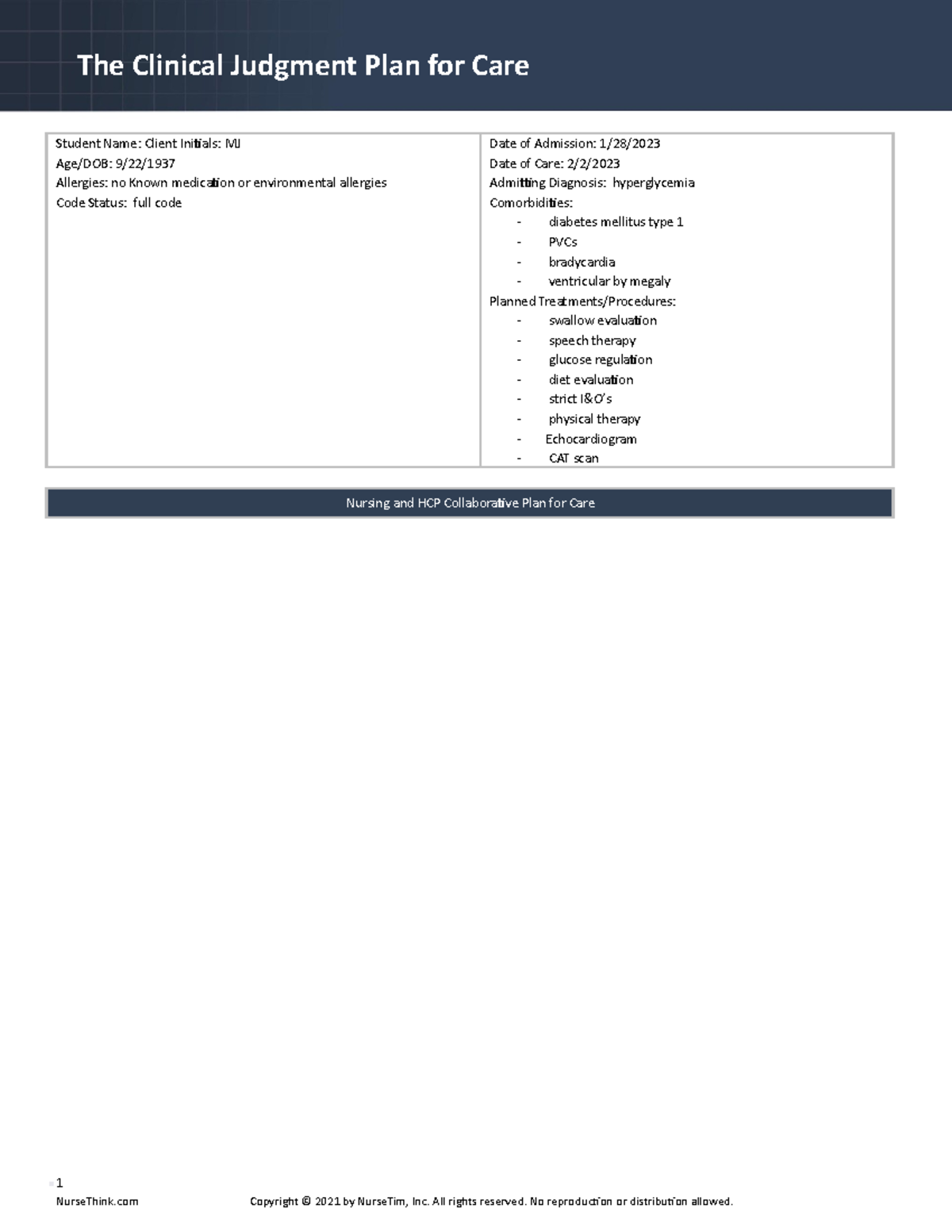 CARE PLAN 2 2 - Med surg practice documentation- practice care plan ...