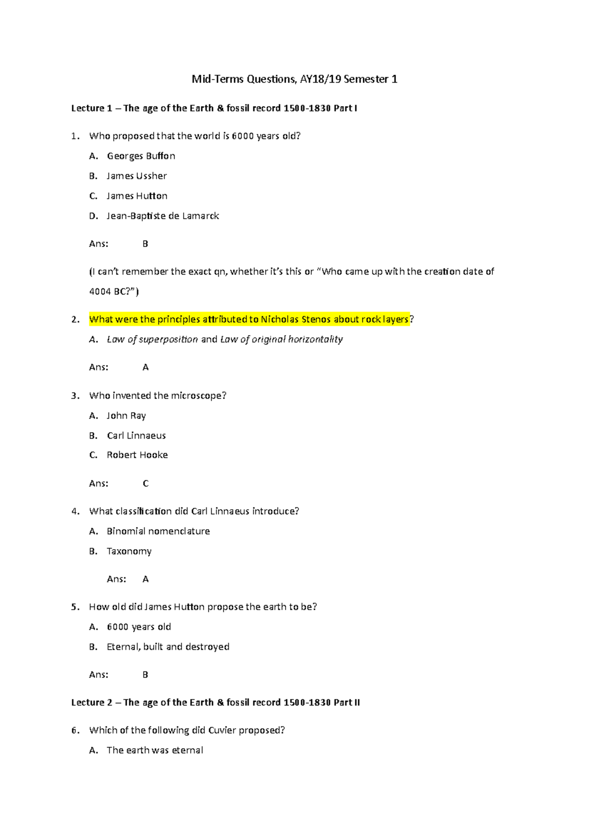 Extra practice 3 - Mid-Terms Questions, AY18/19 Semester 1 Lecture 1 – The age of the Earth ...