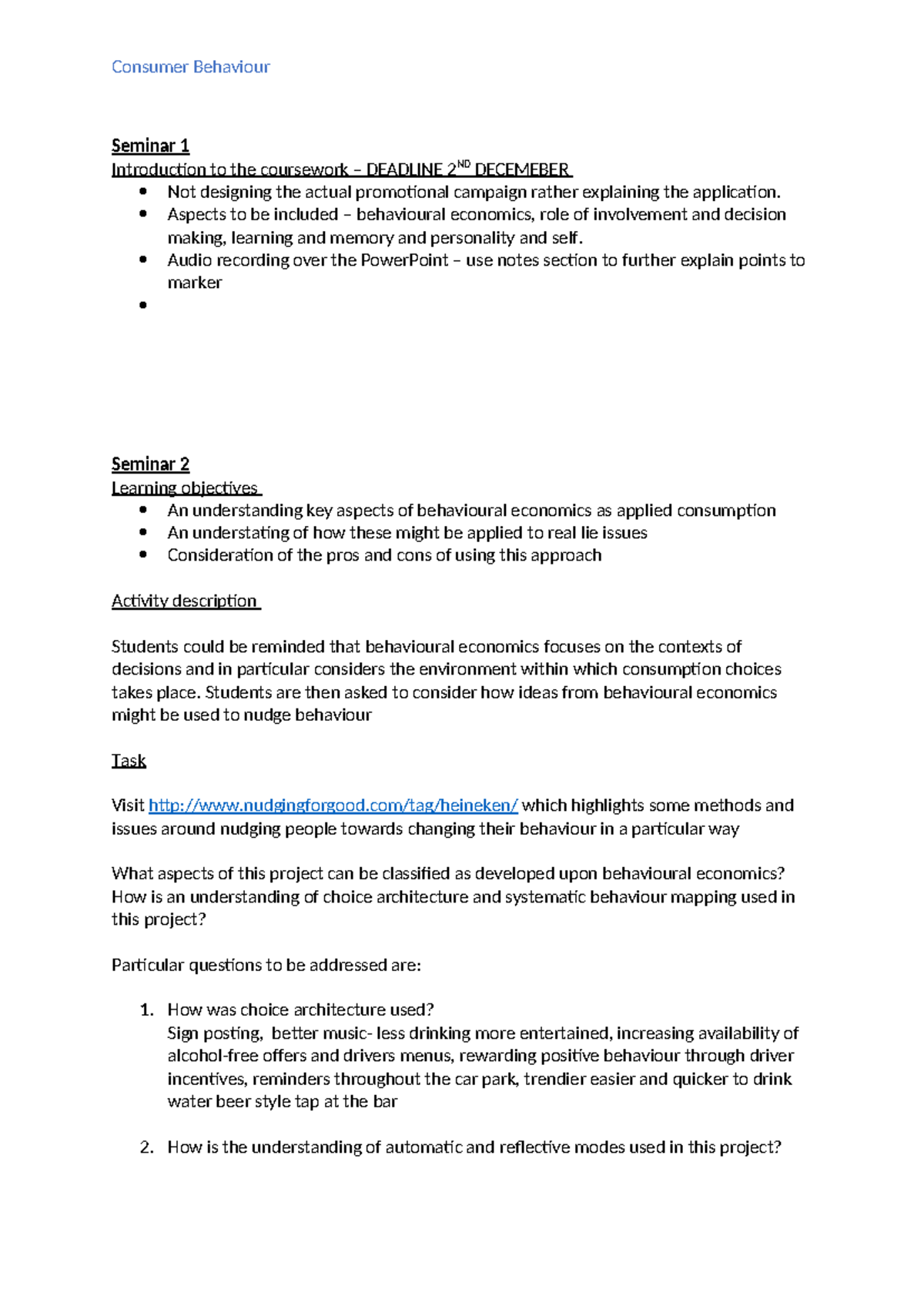 Consumer seminars - Hshsh - Seminar 1 Introduction to the coursework ...