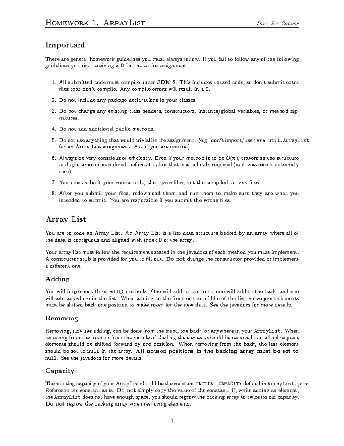 HW01 - Homework 1: ArrayList Due: See Canvas Important There are ...
