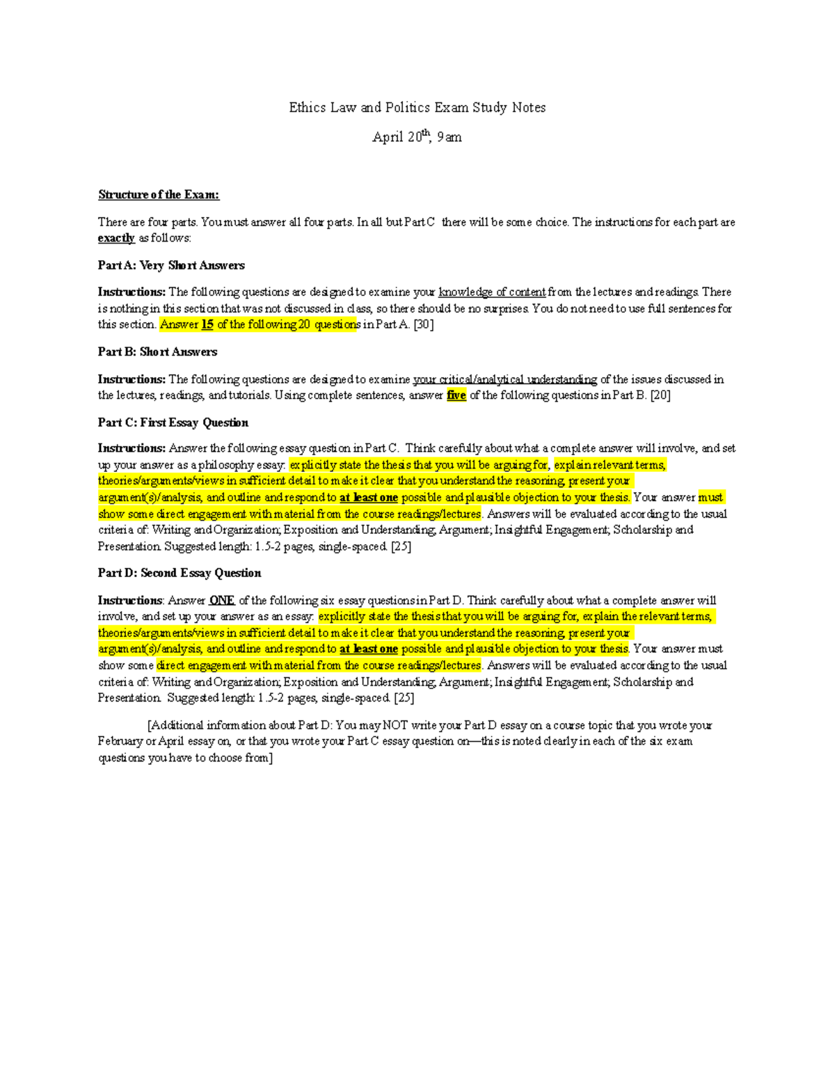 Ethics Law and Politics Exam Study Notes - You must answer all four ...