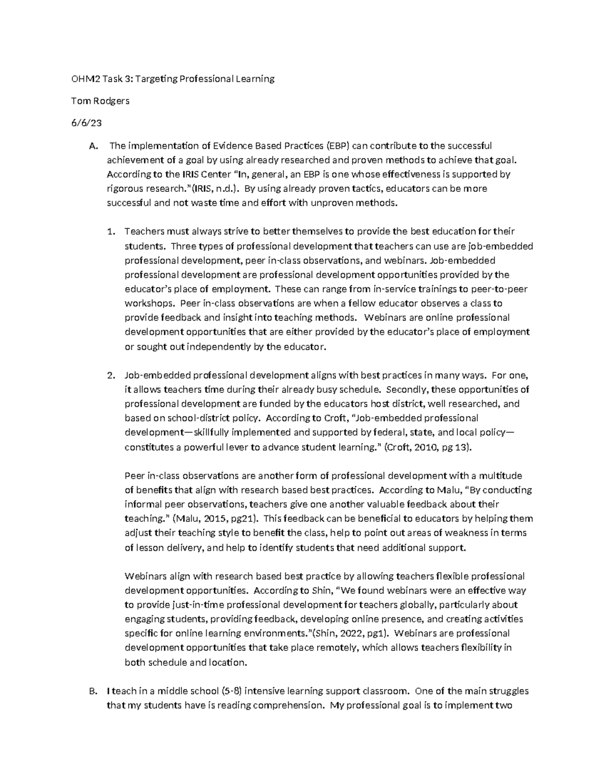 OHM2 Task 3 - OHM2 Task 3 Passed - OHM2 Task 3: Targeting Professional Learning Tom Rodgers 6/6 ...