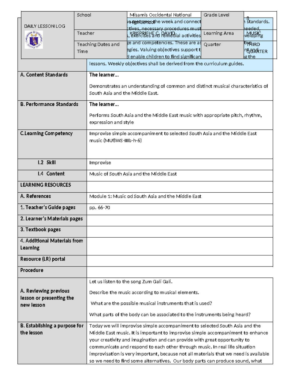 Improvised-COT - Objectives must be met over the week and connected to ...