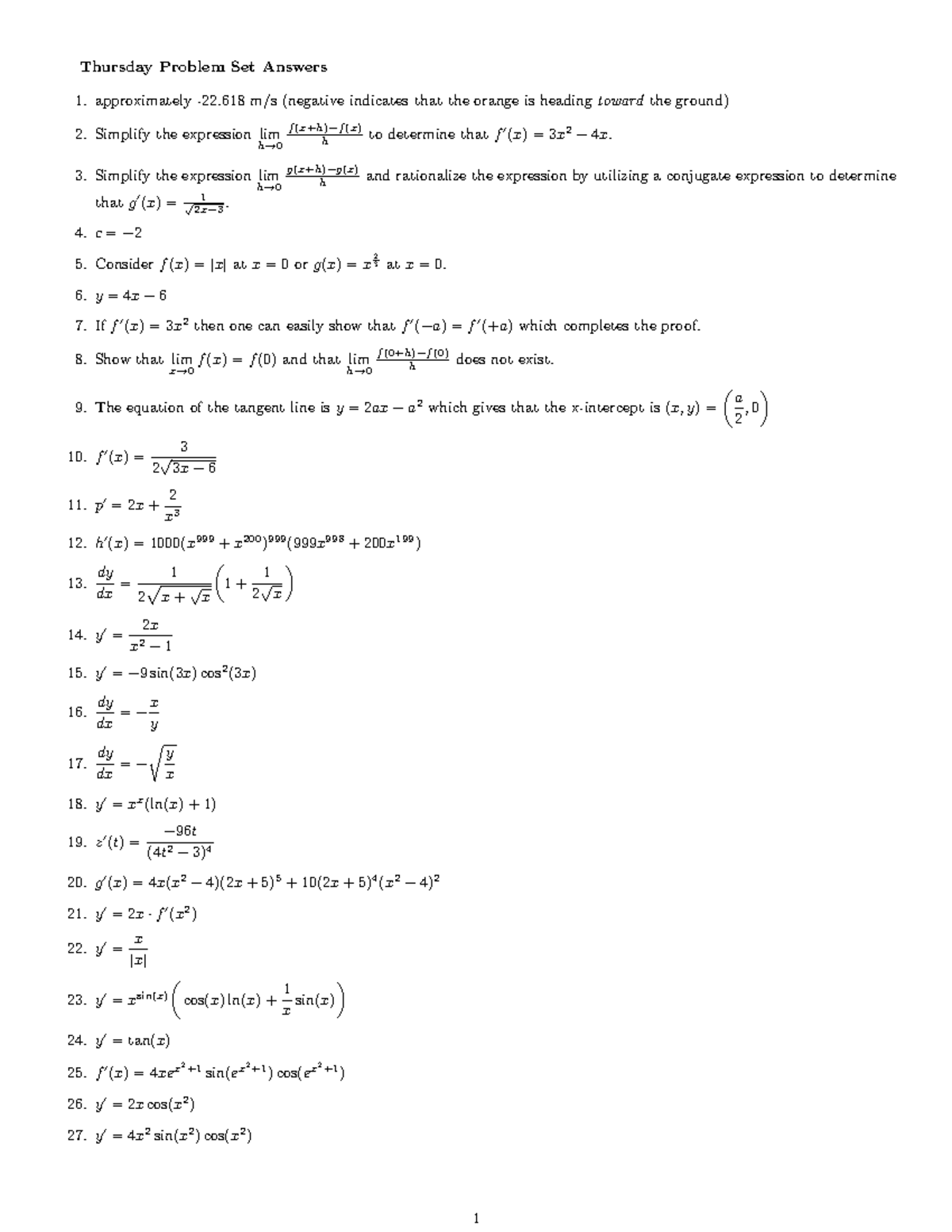 Thursday - Problem Set Solutions - Thursday Problem Set Answers ...