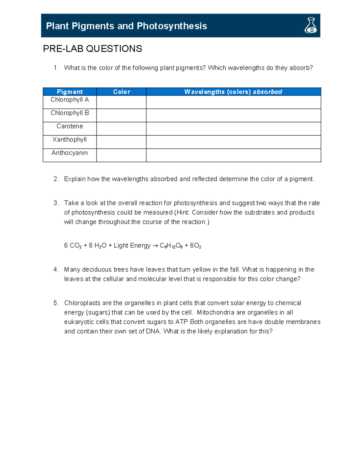 IB 1201 L13 Photosynthesis - Plant Pigments and Photosynthesis PRE-LAB ...