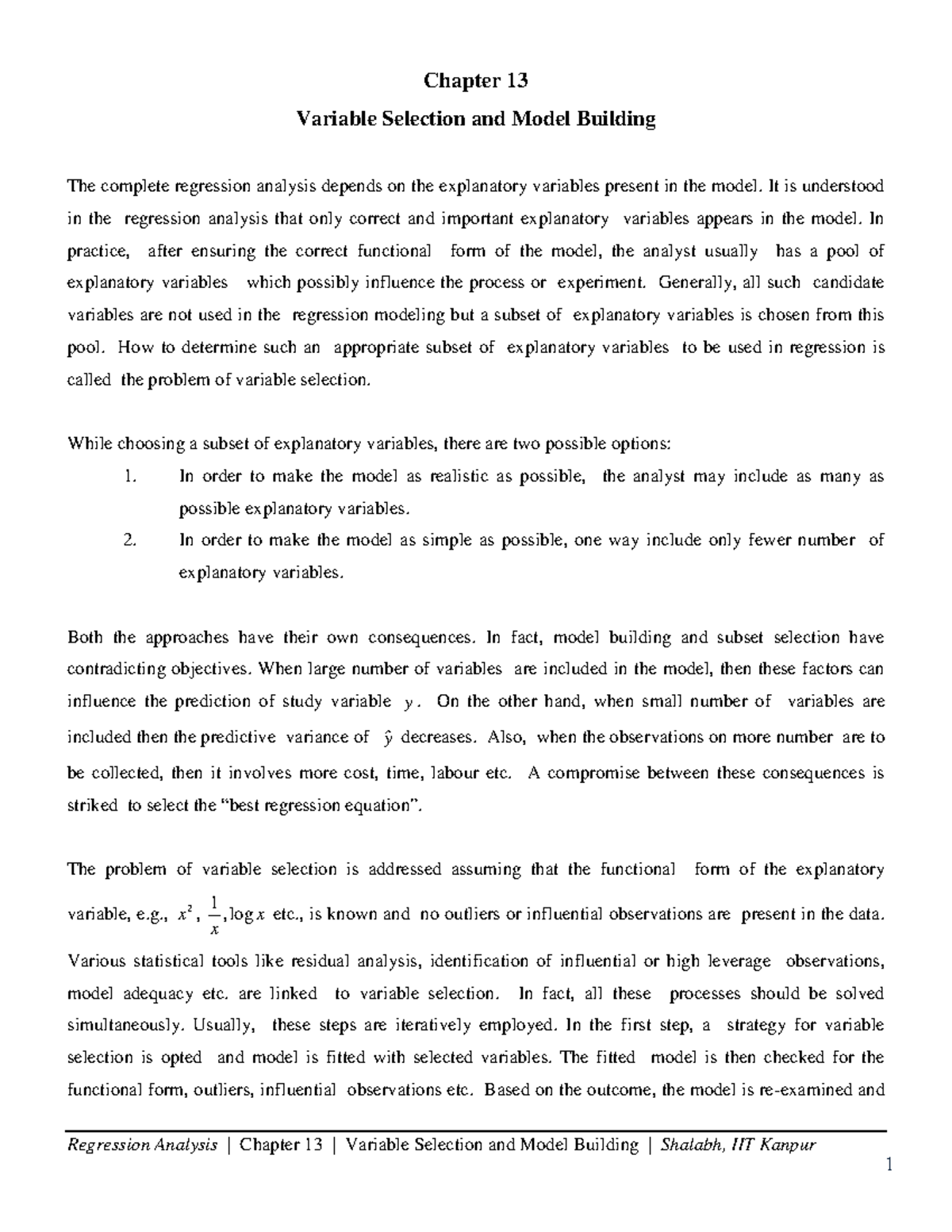 Chapter 13 Regression Variable Selection And Model Building Chapter
