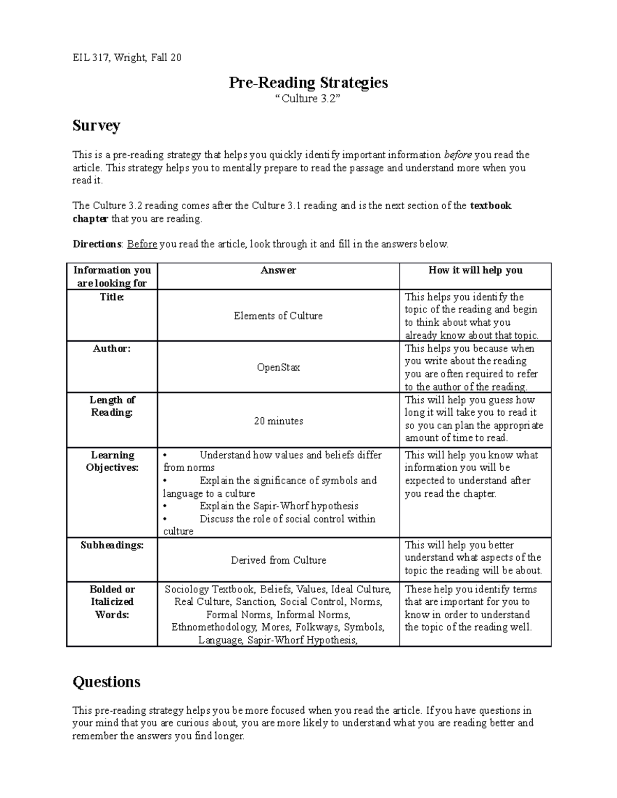 Culture 3.2 Survey and Question Pre-Reading - EIL 317, Wright, Fall 20 ...