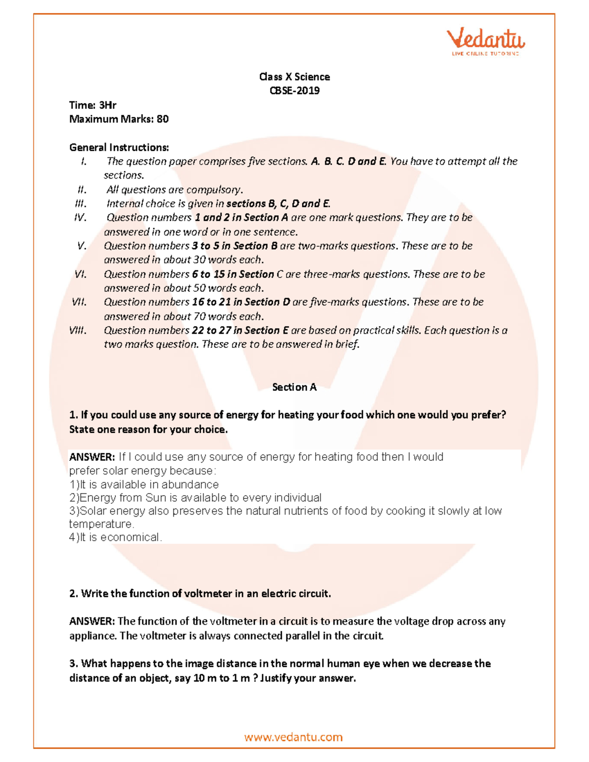 Previous Year Science Question Paper for CBSE Class 10 - 2019 - Class X ...
