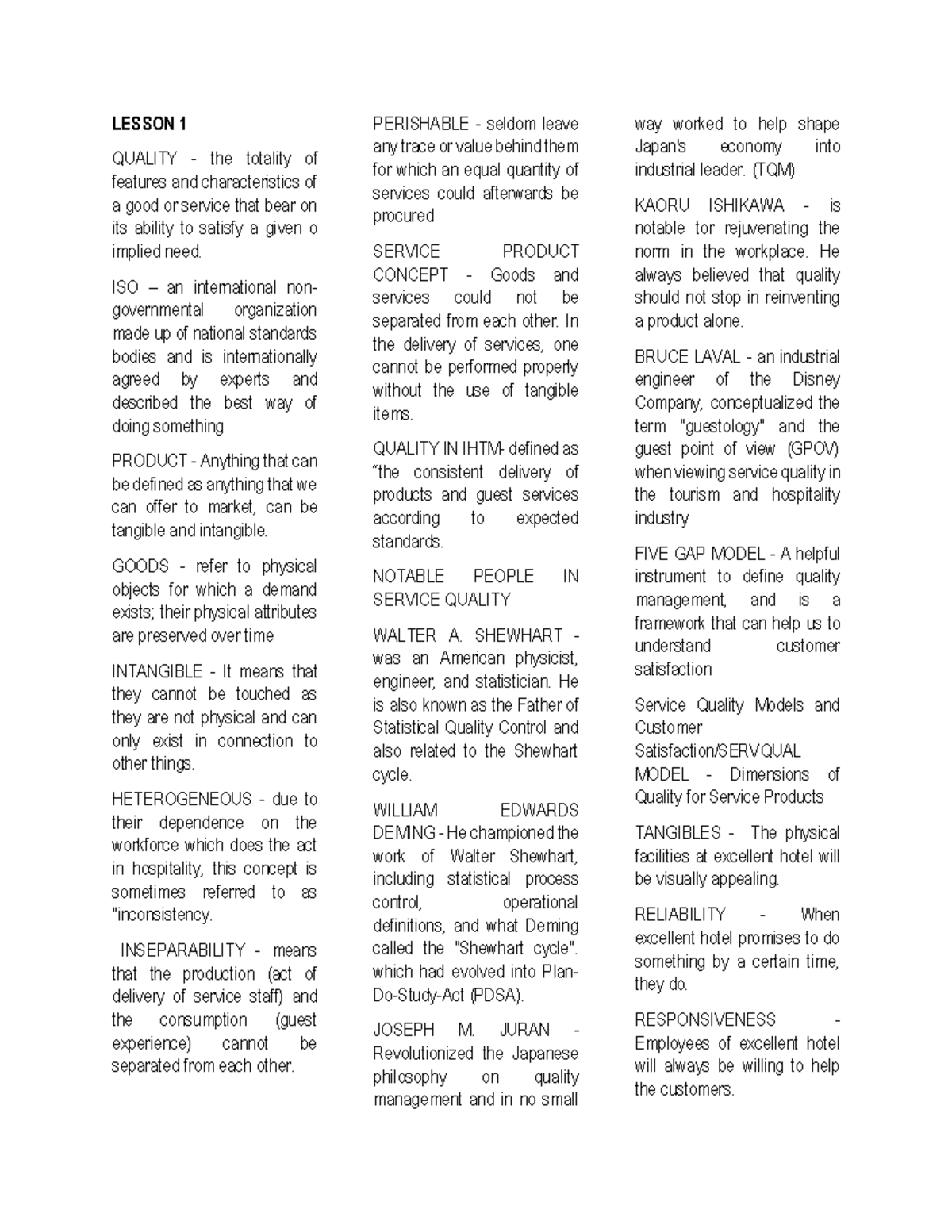 QSM Reviewer - IDK - LESSON 1 QUALITY - the totality of features and characteristics of a good ...