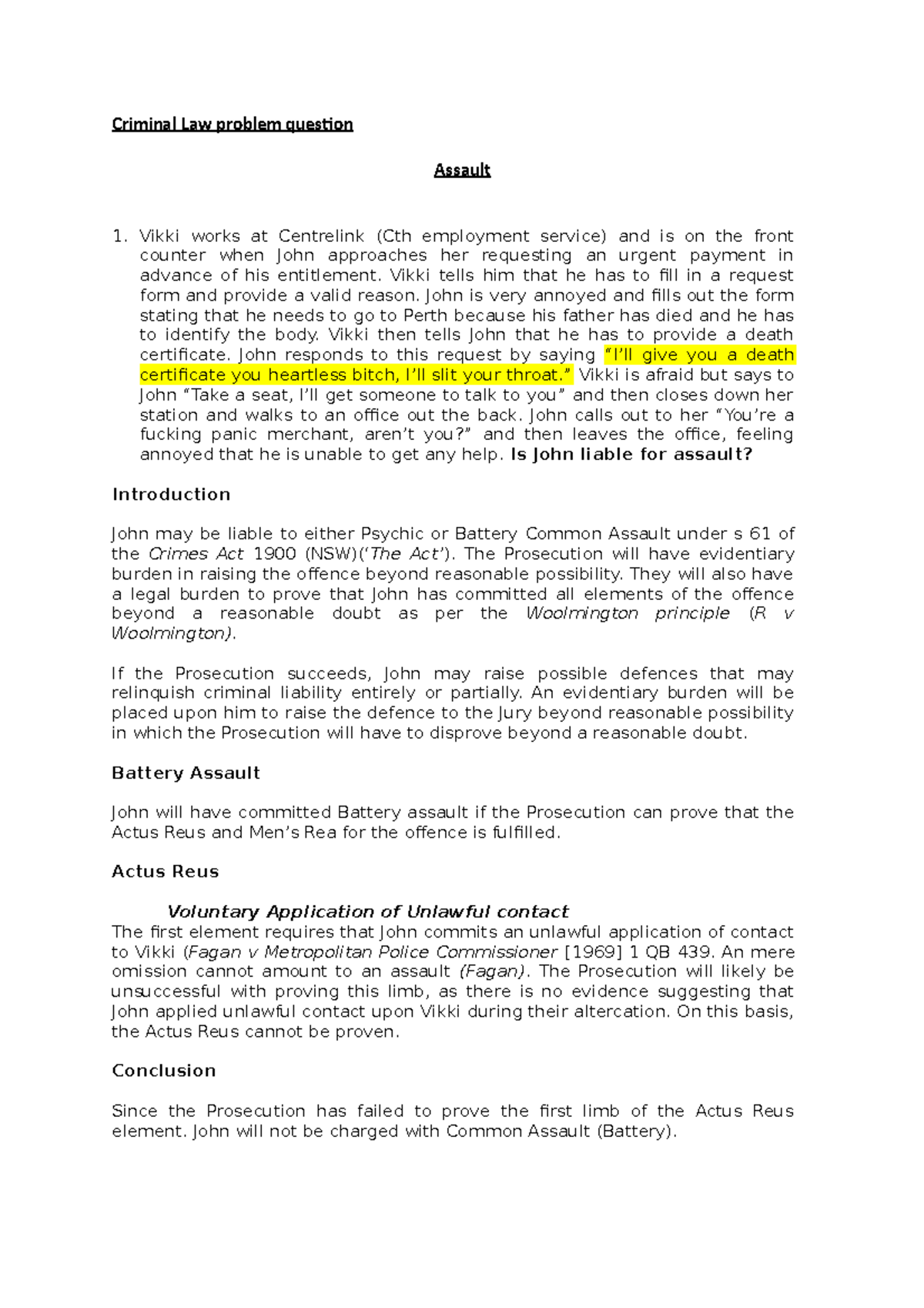 Criminal Law problem question - Criminal Law problem question Assault ...