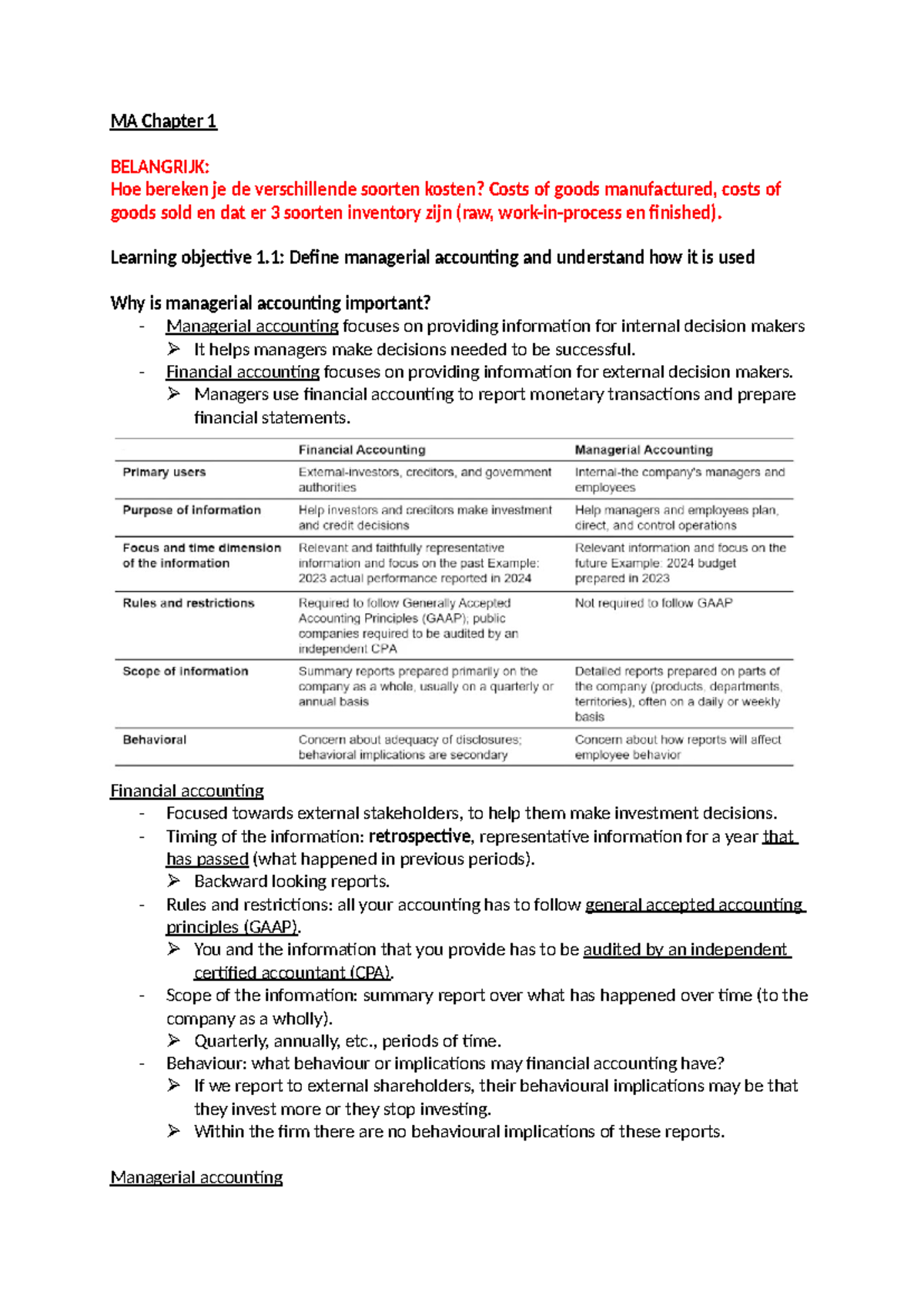 MA Chapter 1 - Managerial Accounting - MA Chapter 1 BELANGRIJK: Hoe ...
