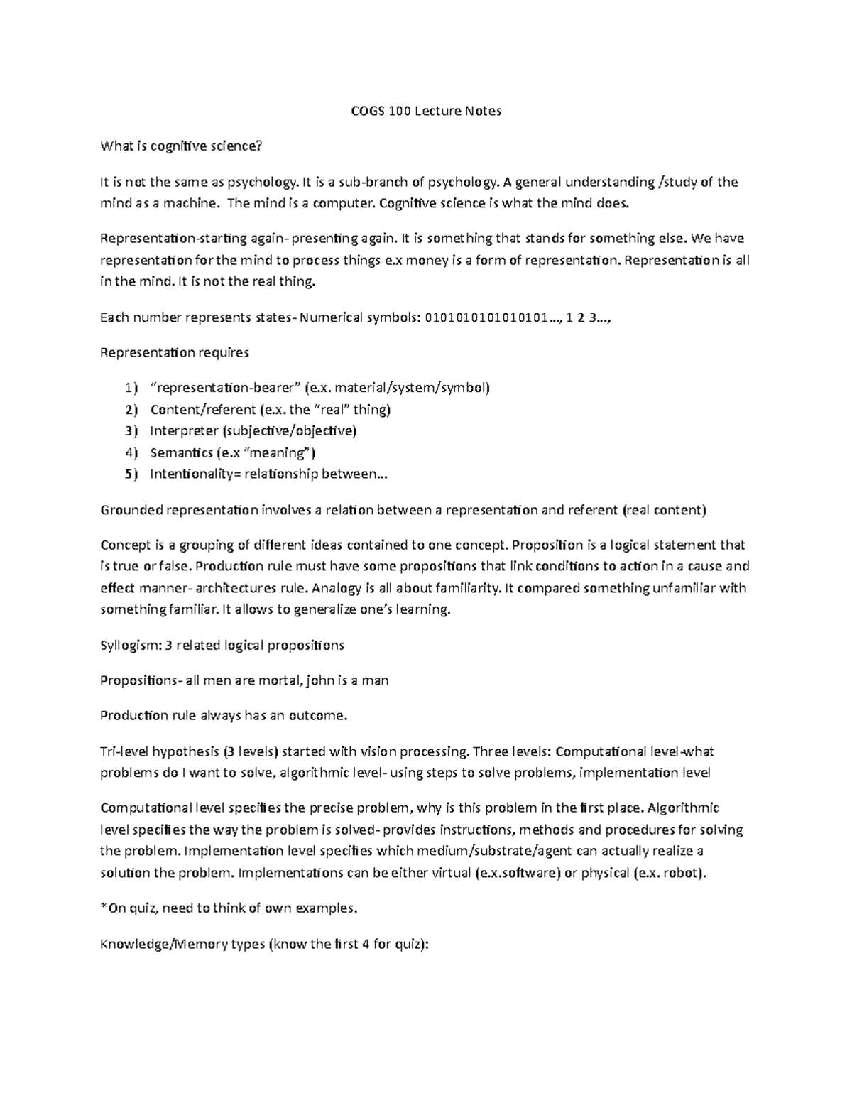 Cogs 100 Lecture Notes Cogs 100 Lecture Notes What Is Cognitive Science It Is Not The Same As