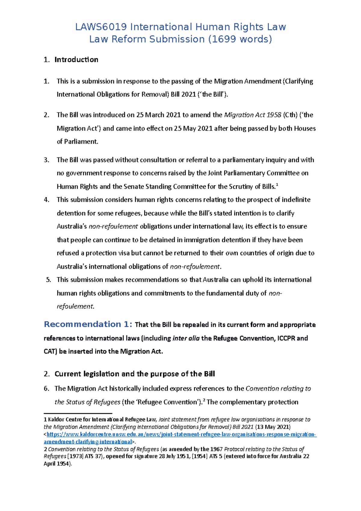 LAWS6019 Law Reform Submission - LAWS6019 International Human Rights ...