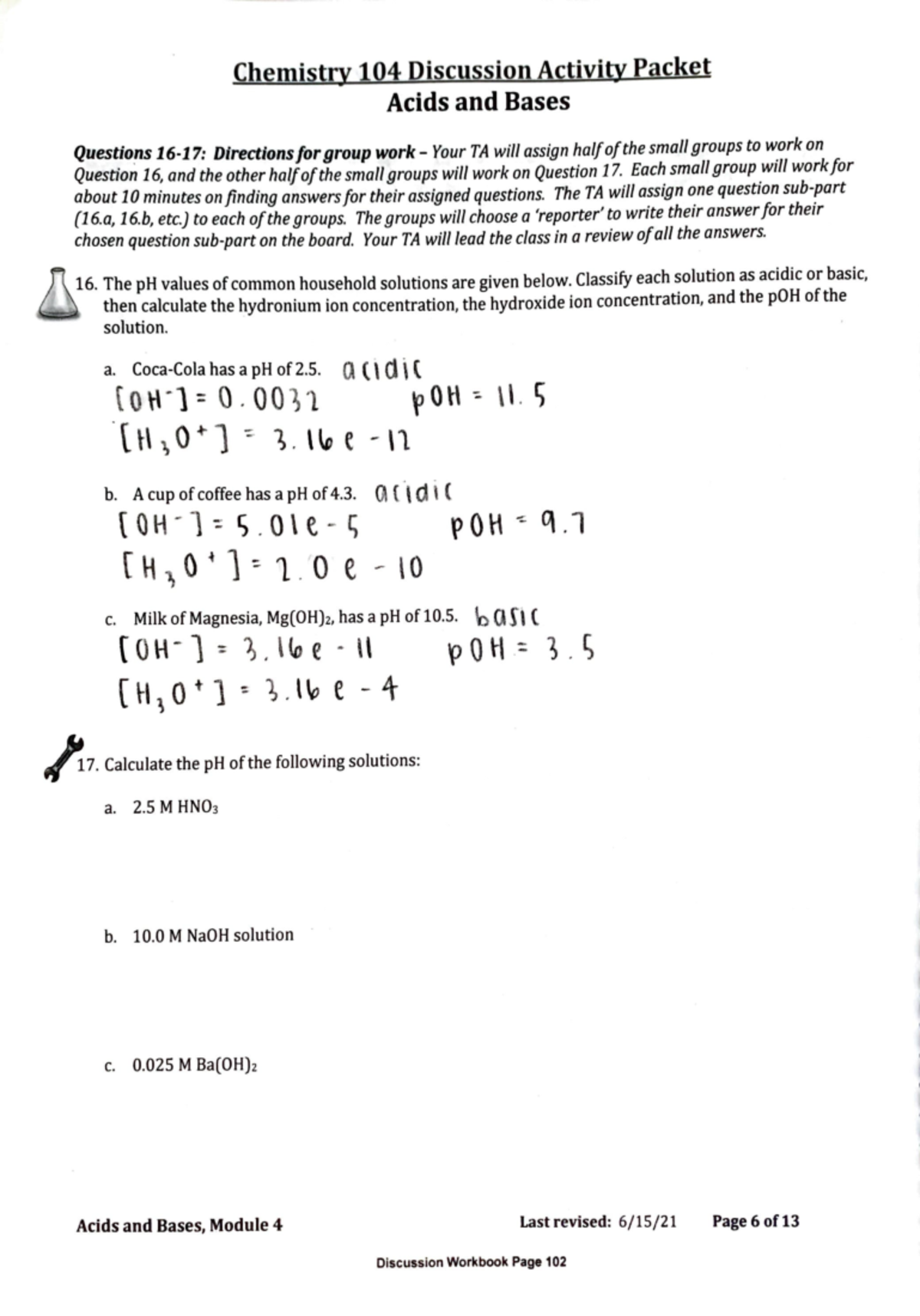 Module 4: Acids and Bases - Chemistry 104 Discussion Activity Packet ...