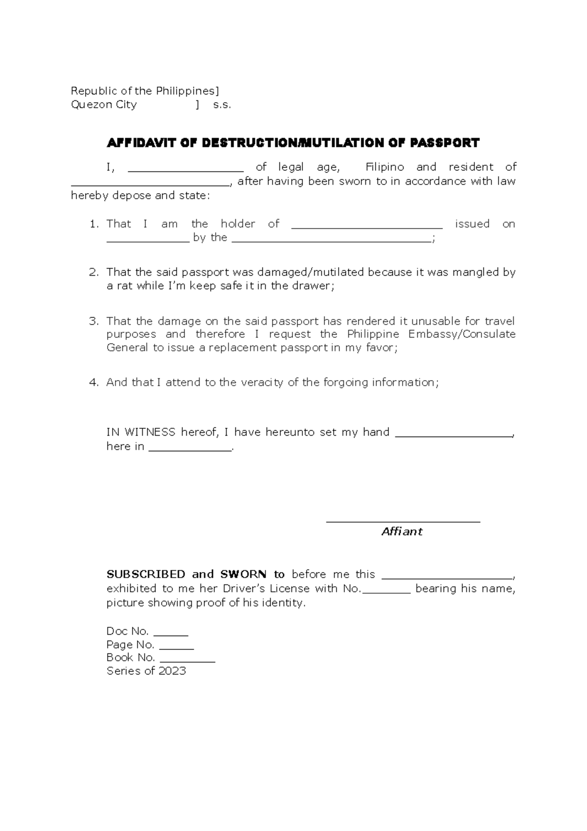 Affidavit of loss simcard - Republic of the Philippines] Quezon City ...