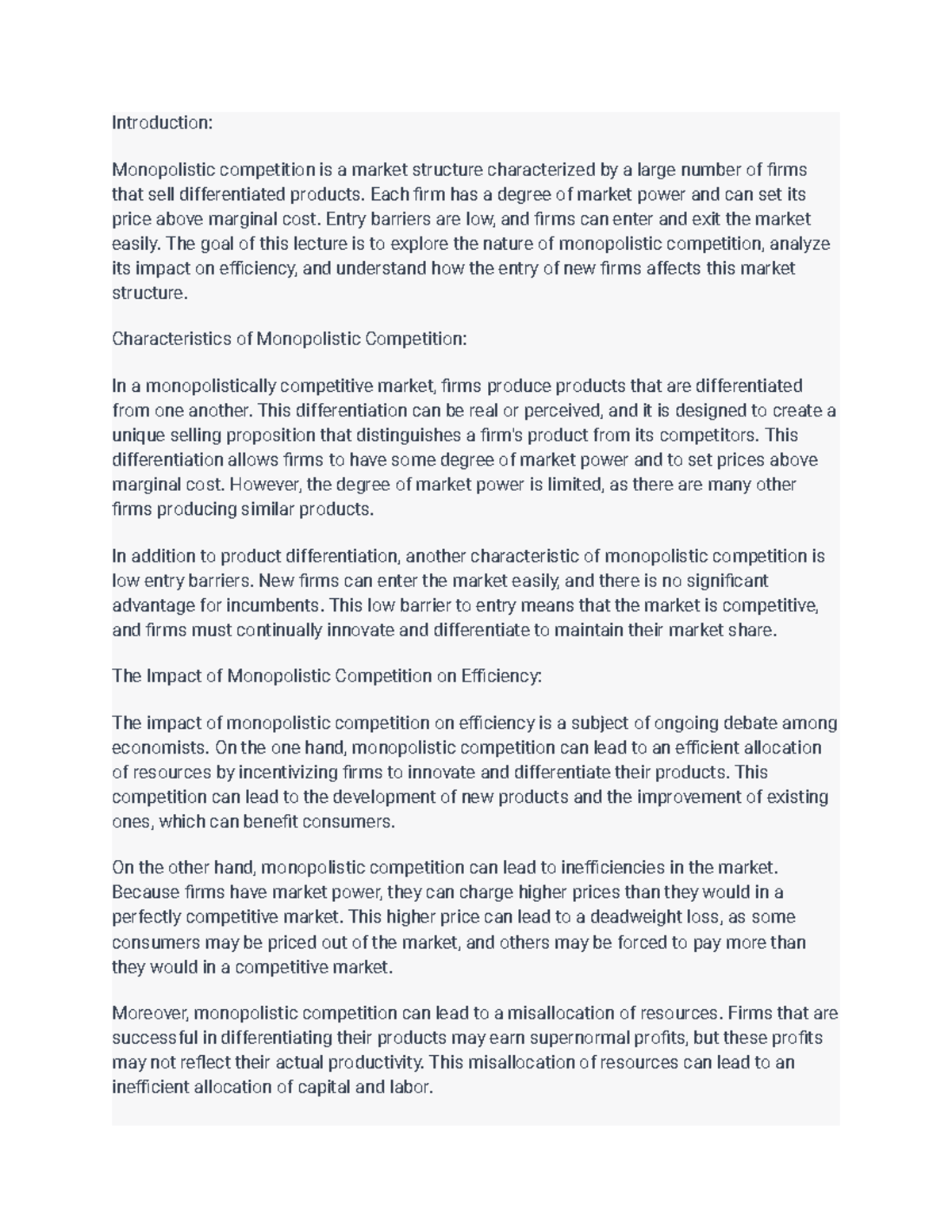 ECON1010 important lecture notes 12 - Introduction: Monopolistic ...