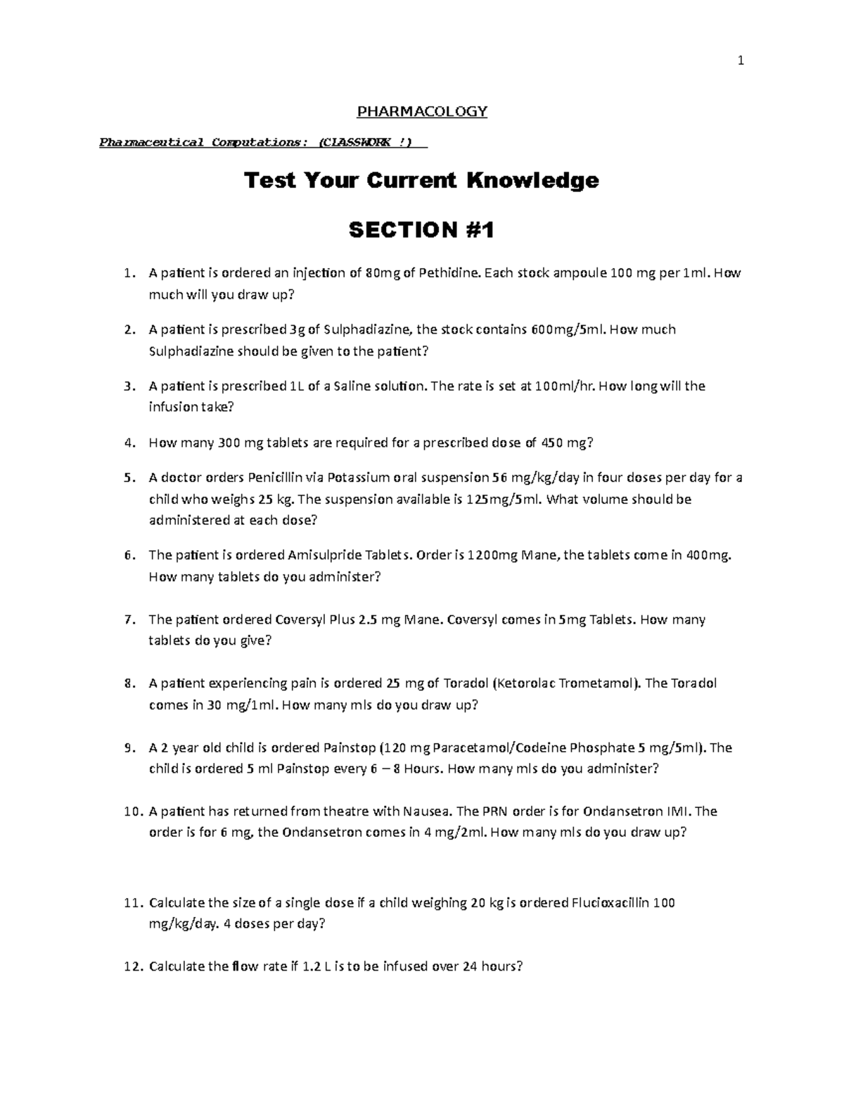 Classwork 2 - calculations - PHARMACOLOGY Pharmaceutical Computations ...