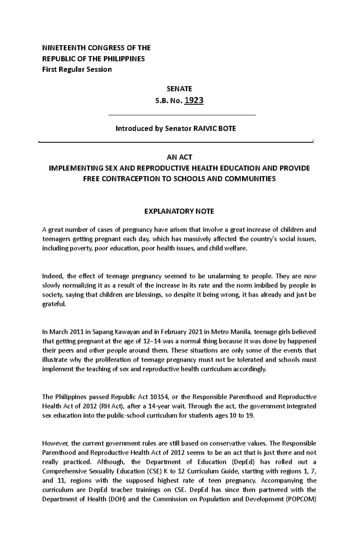 PPG Bill - Explanatory Note. - NINETEENTH CONGRESS OF THE REPUBLIC OF ...