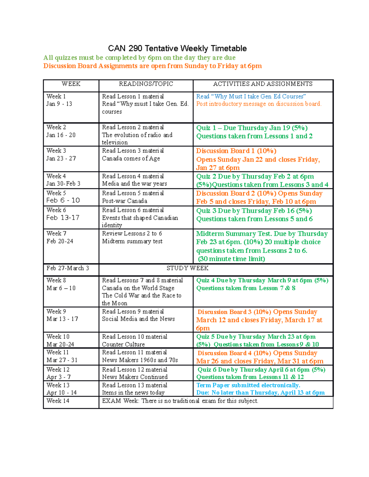 CAN 290 Weekly Timetable - CAN290 - Seneca College - Studocu