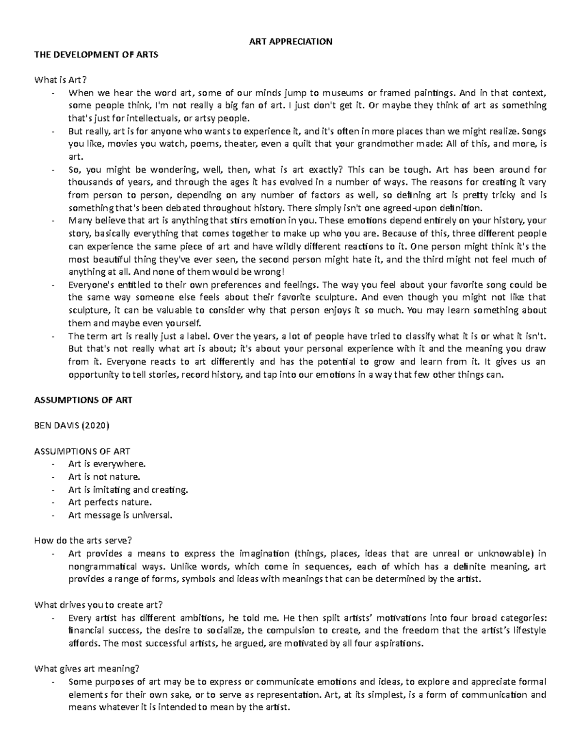 ART Appreciation - An introduction about Art's development, assumptions, nature, and functions ...