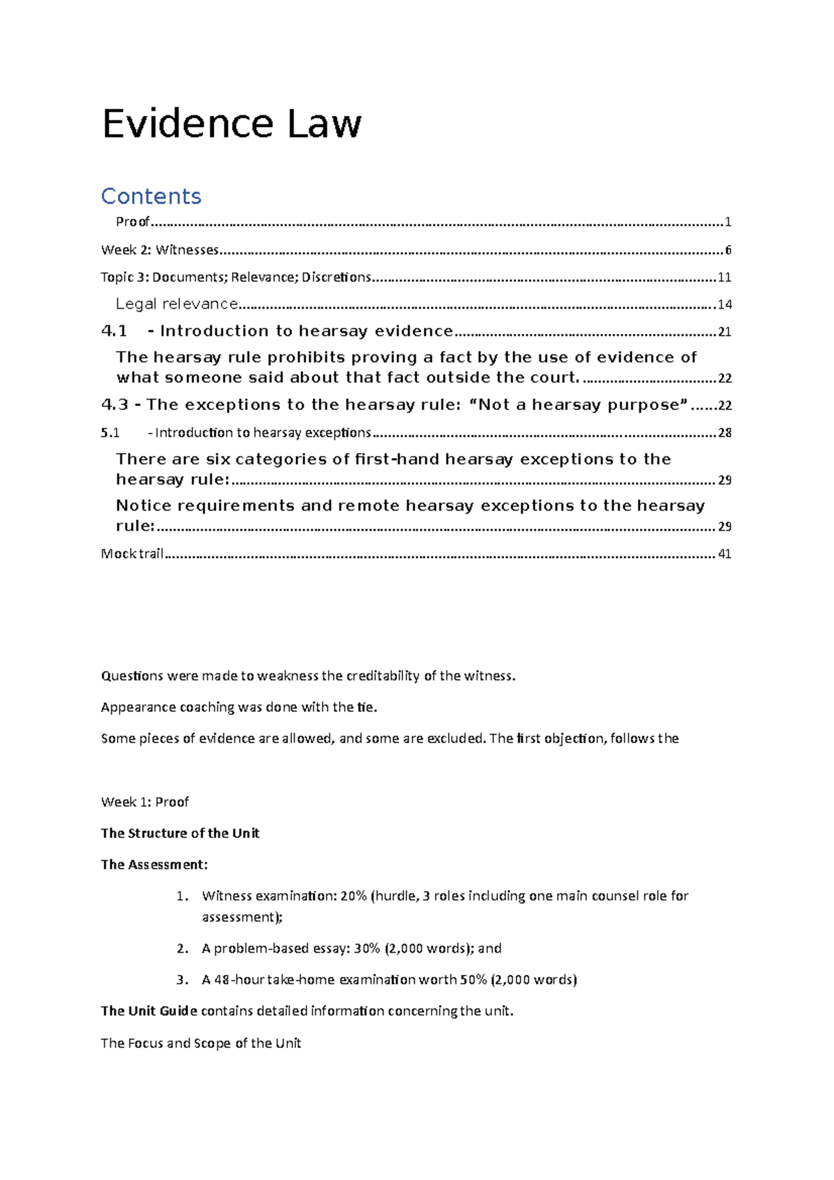 Evidence Law - Lecture notes - Evidence Law Contents - Studocu