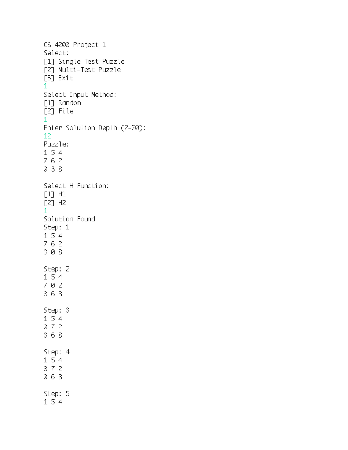 Cs4200p1 Sample Output Cs 4200 Project 1 Select 1 Single Test Puzzle 2 Multi Test Puzzle 