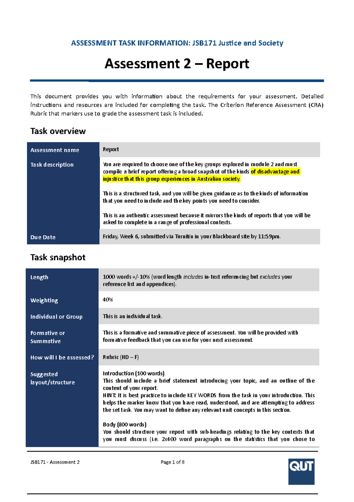 JSB171 Report Task Sheet Semester 1 2022 Assessment - ASSESSMENT TASK ...