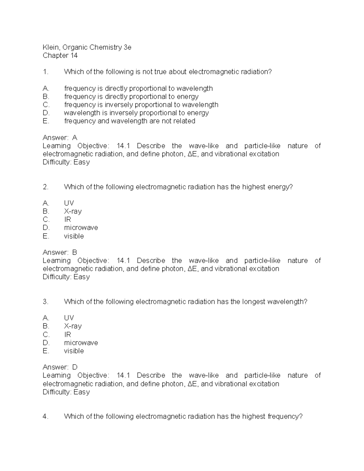 Chapter 14 organic chemistry test bank questions for Klein Orgo 3rd ...